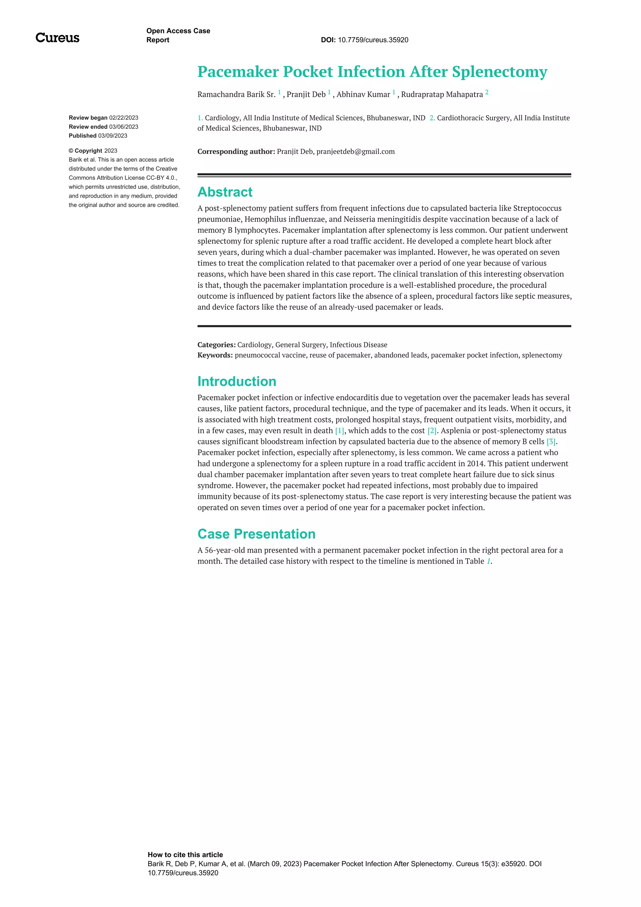Pacemaker Pocket Infection After Splenectomy | PDF
