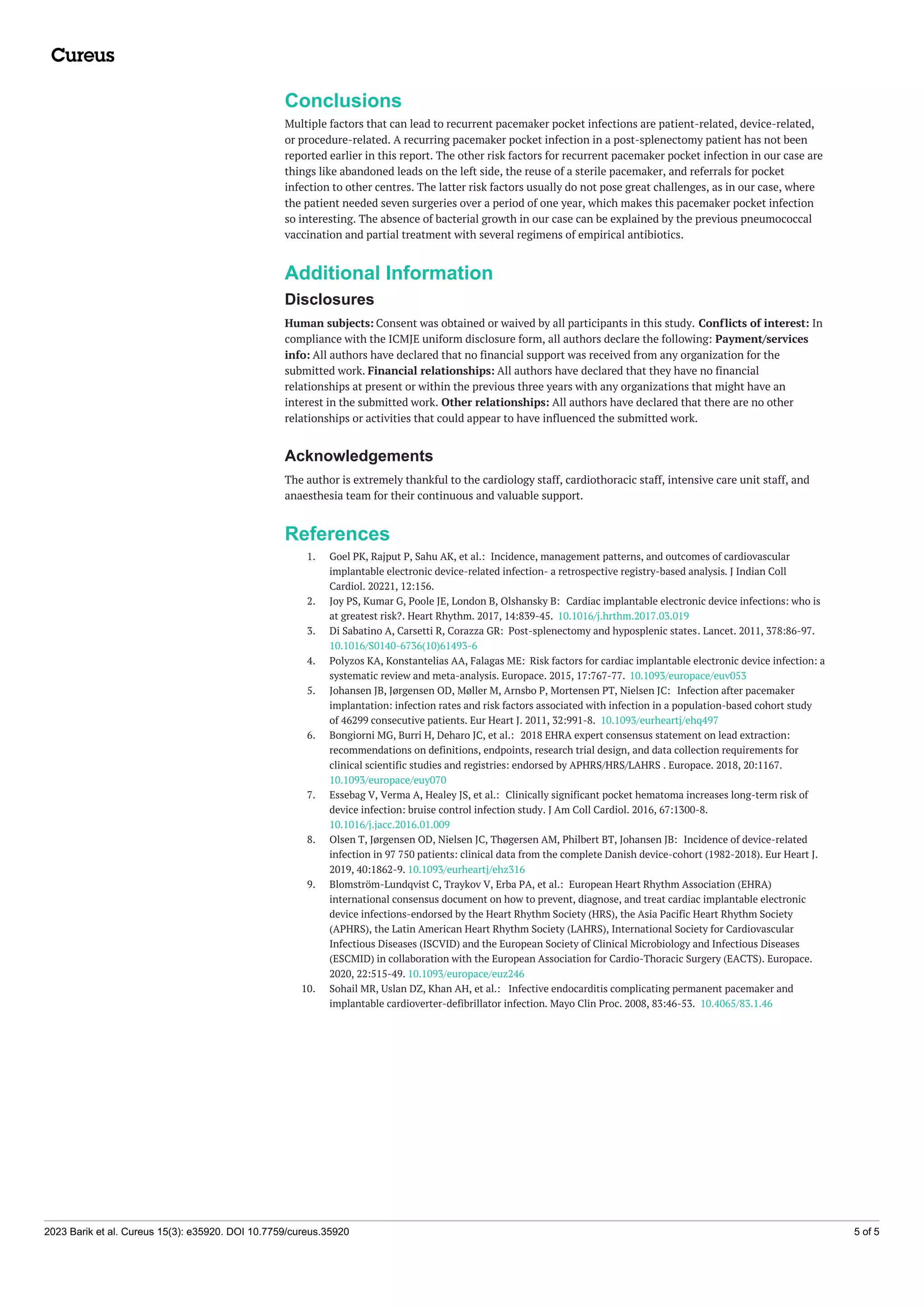 Pacemaker Pocket Infection After Splenectomy | PDF