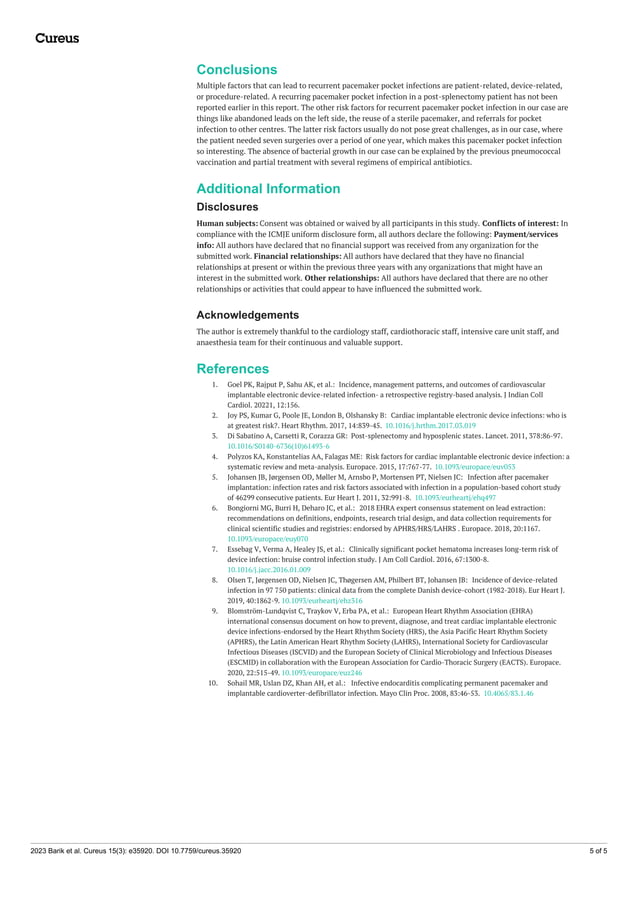 Pacemaker Pocket Infection After Splenectomy | PDF