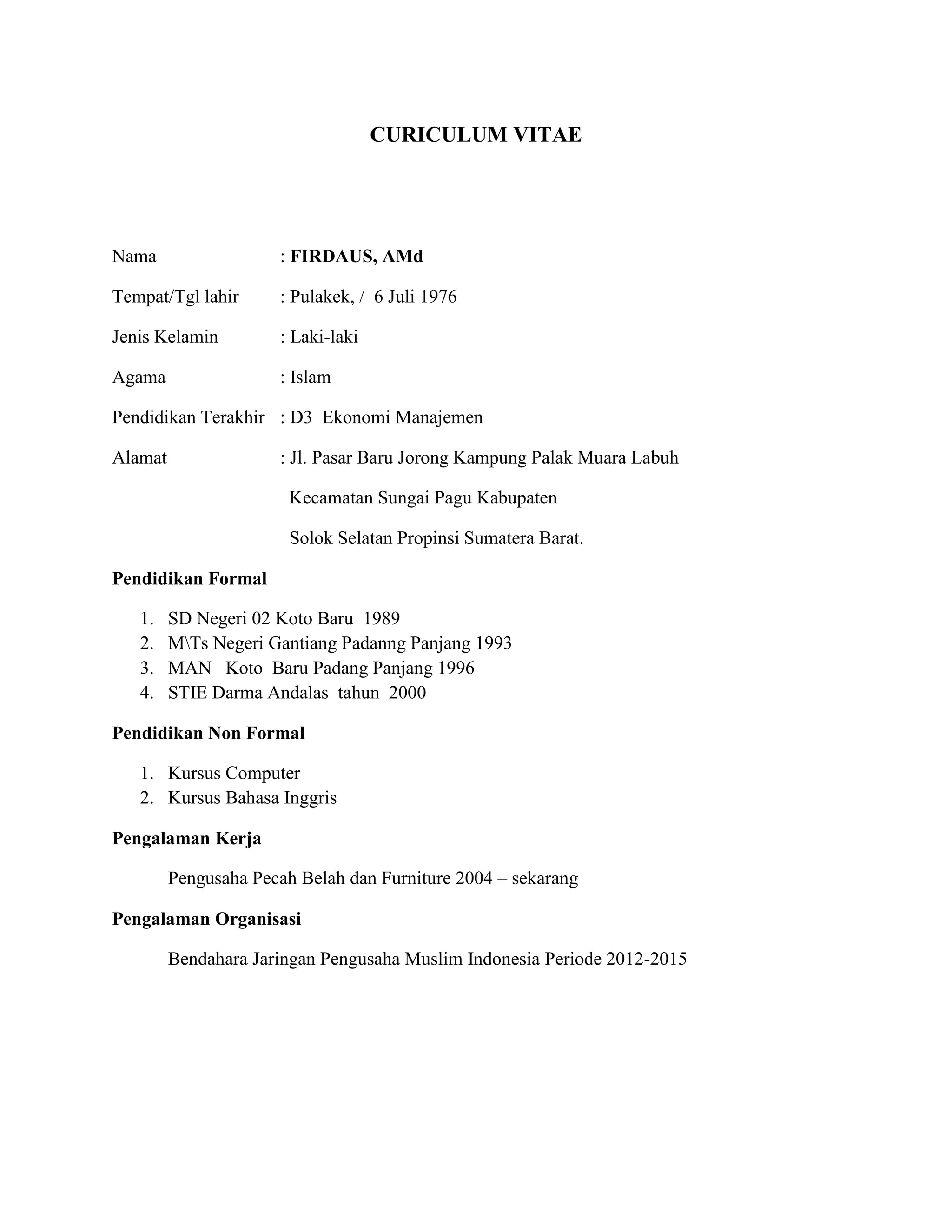 Curiculum vitae firdaus | PDF