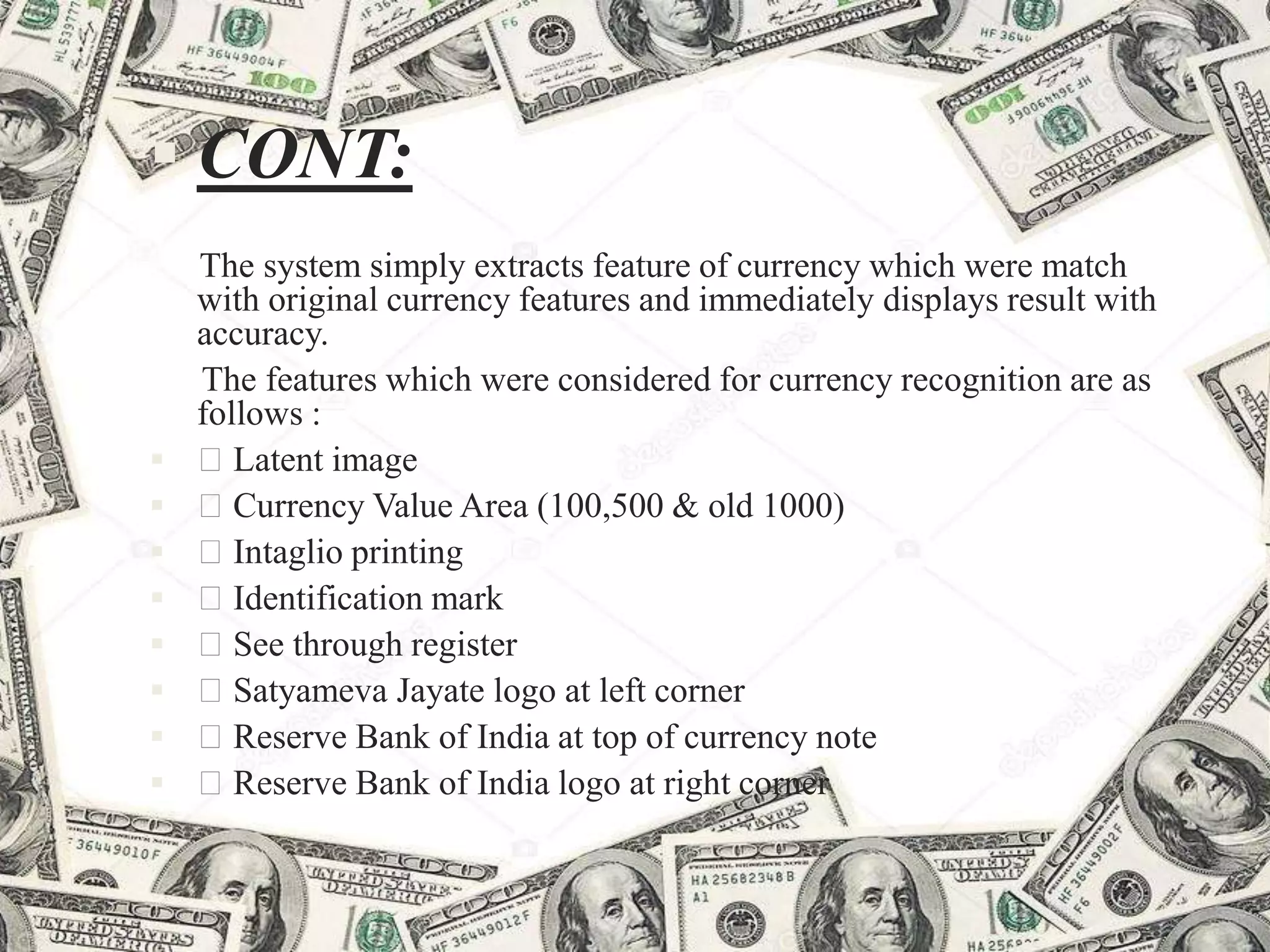 Currency recognition system using image processing | PPTX