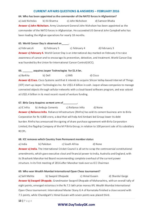Current Affairs | Current Affairs Questions-Answers-February (PDF ...