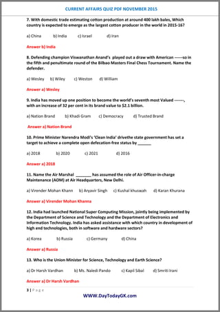 Current Affairs Quiz PDF Novebmer 2015 By Daytodaygk.com