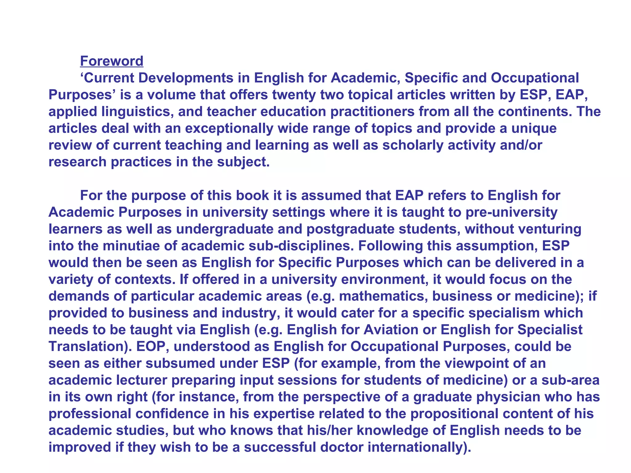 Current Developments in English for Academic Specific and Occupational Purposes | PPT