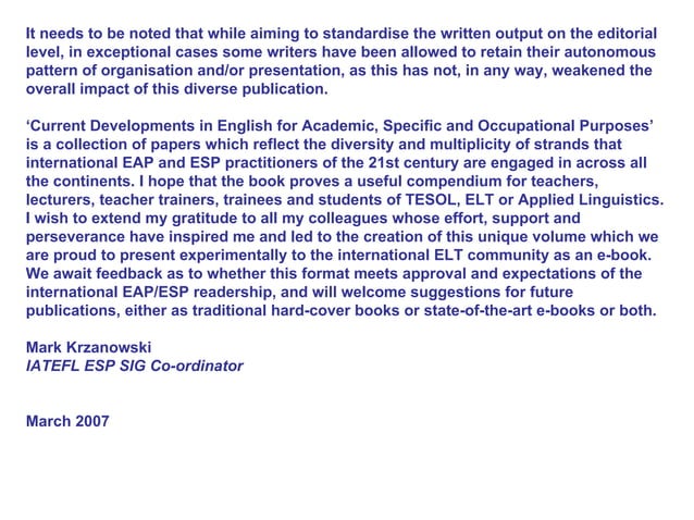 Current Developments in English for Academic Specific and Occupational ...