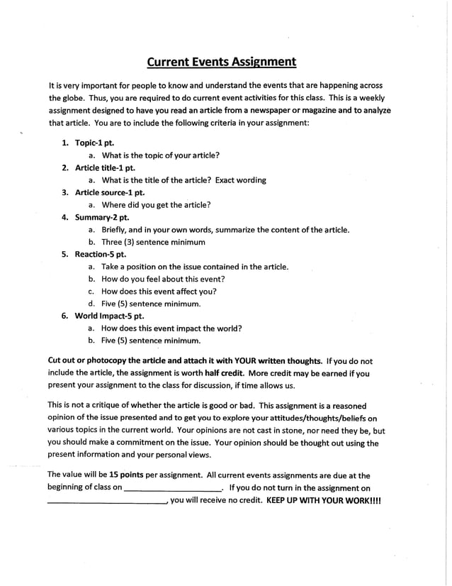 Current Events Assignment Rubric | PDF | Events