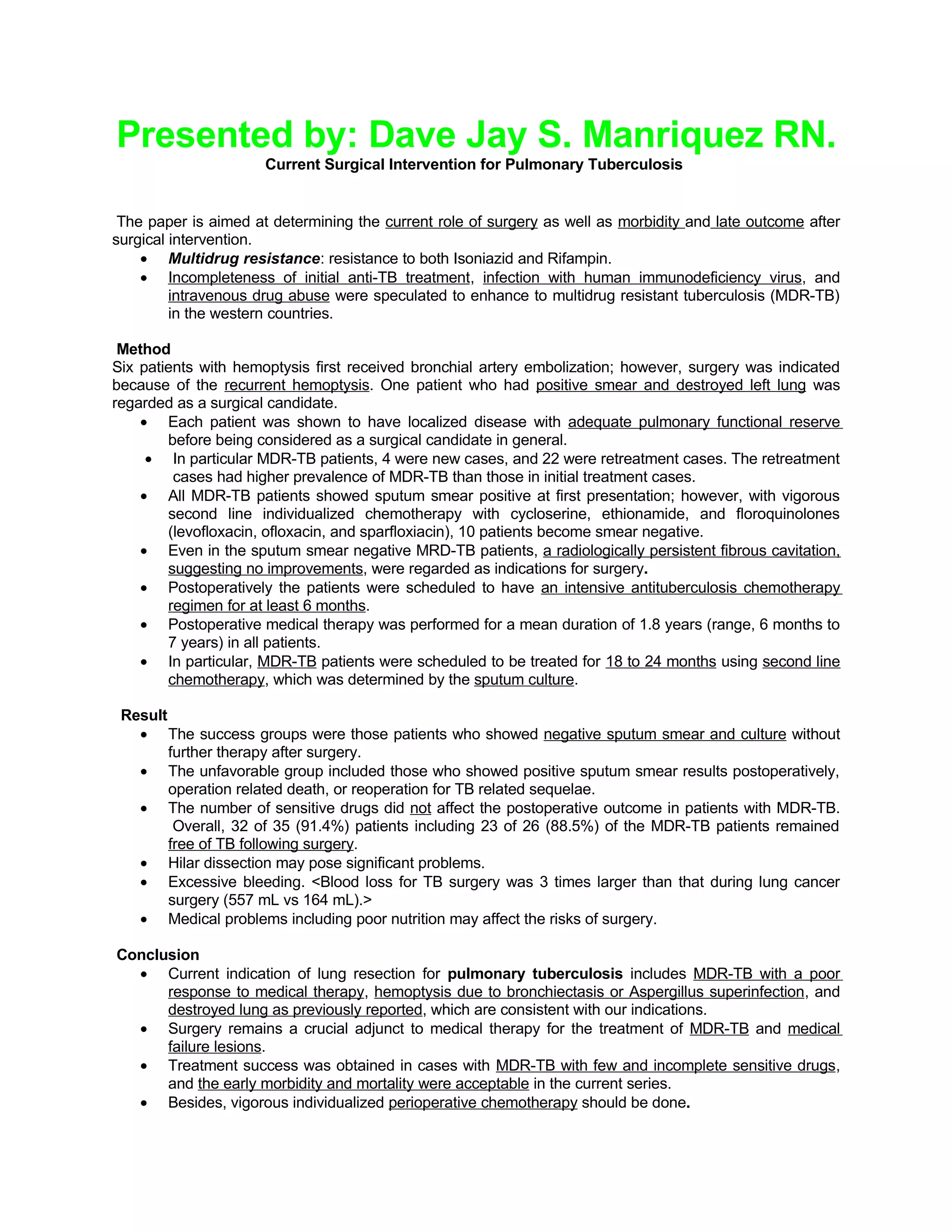 Current Surgical Intervention For Tb | PDF