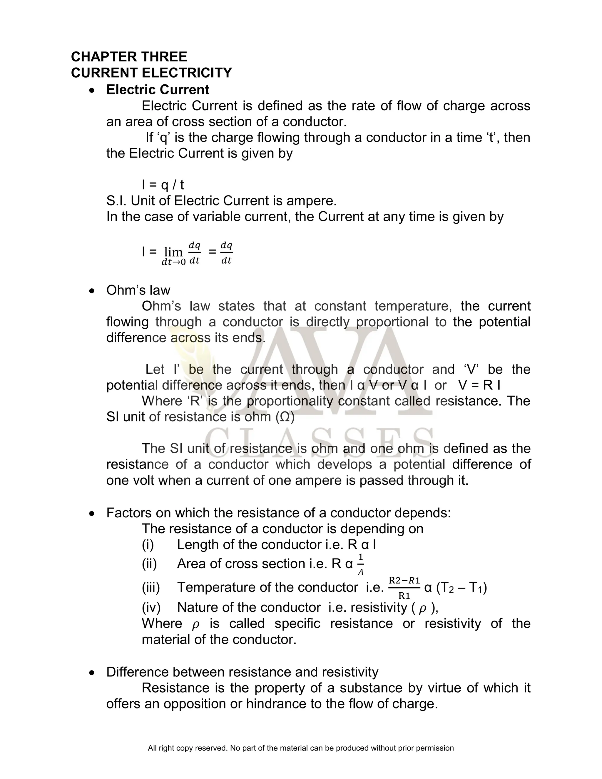 Physics Class 12 Current Electricity Study material pdf download | PDF ...