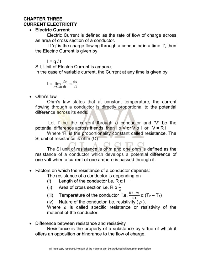 Physics Class 12 Current Electricity Study material pdf download | PDF ...