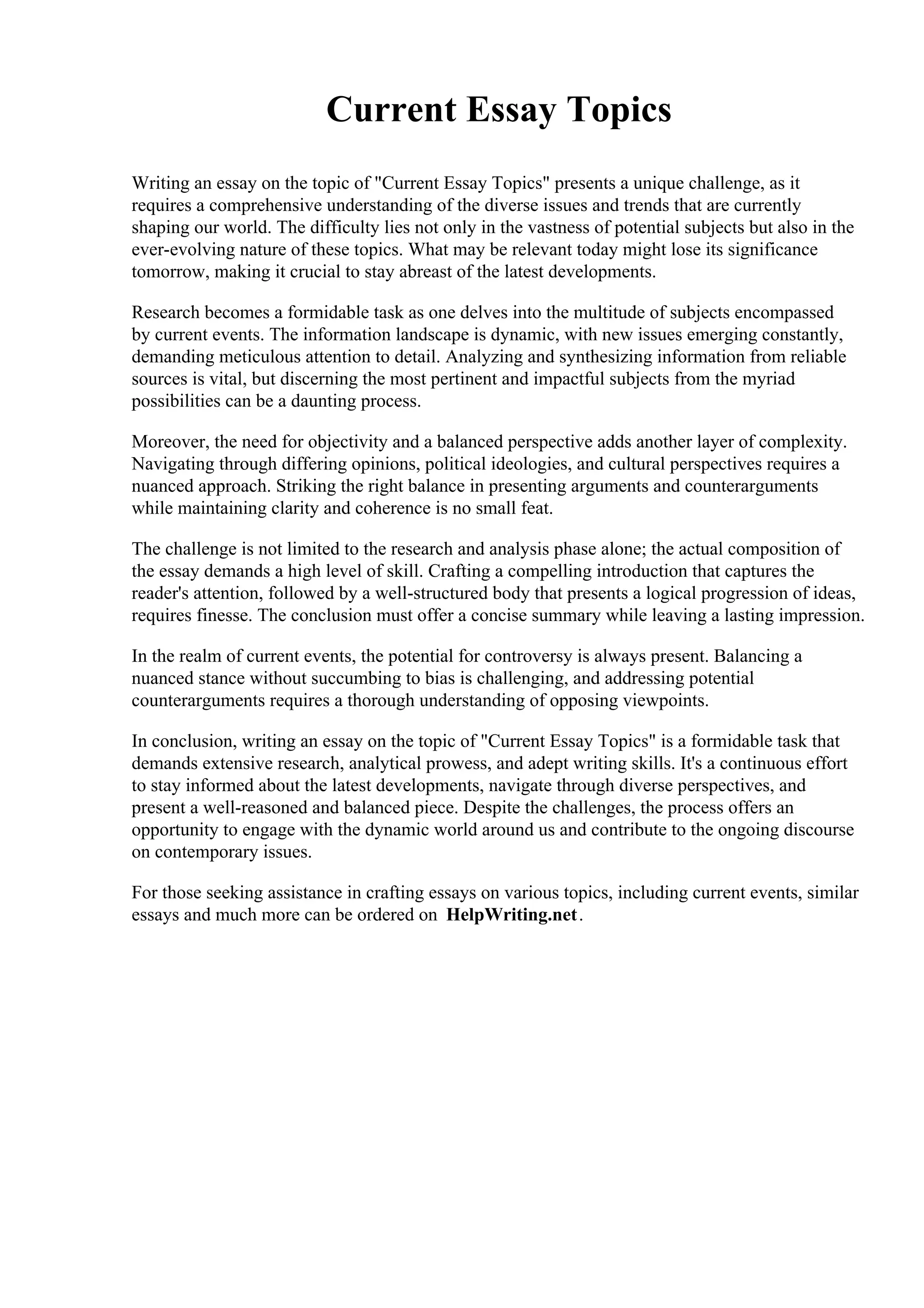 Current Essay Topics. Los Angeles Mission College | PDF