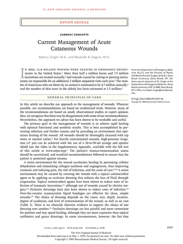 Current management of acute cutaneous wounds nejm | PDF