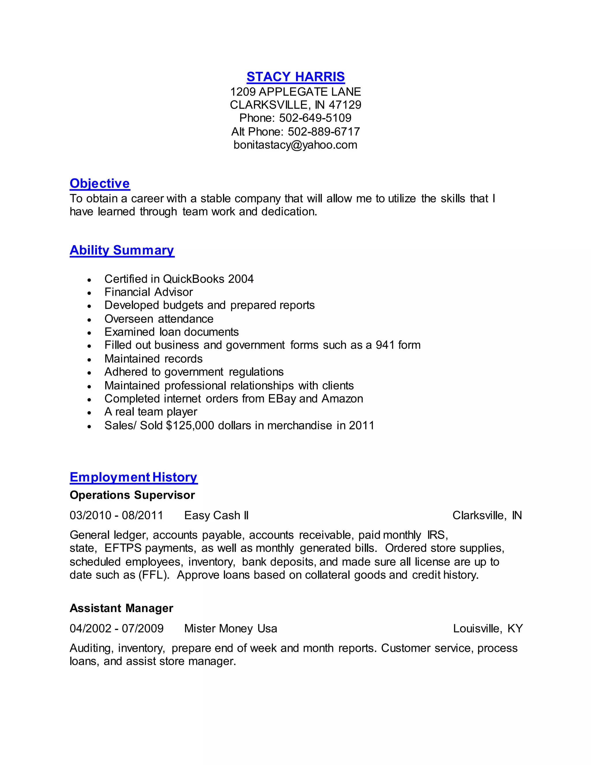 Current resume stacy harris | DOCX