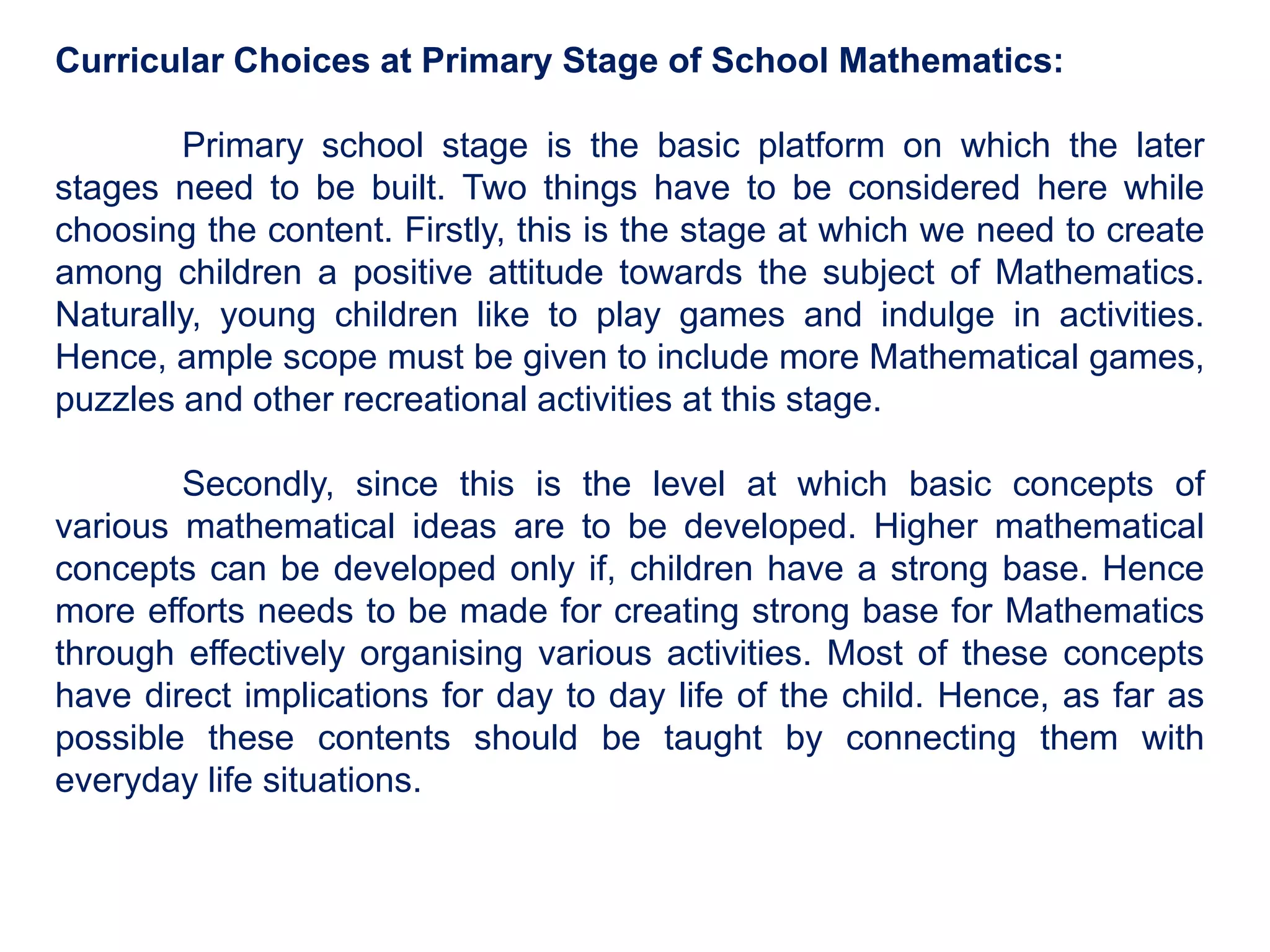 Objectives of Mathematics Curriculum & Curricular choices at different ...