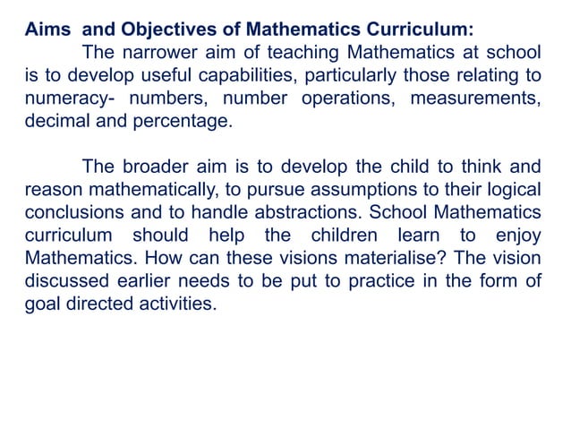 Objectives of Mathematics Curriculum & Curricular choices at different ...