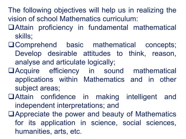 Objectives of Mathematics Curriculum & Curricular choices at different ...
