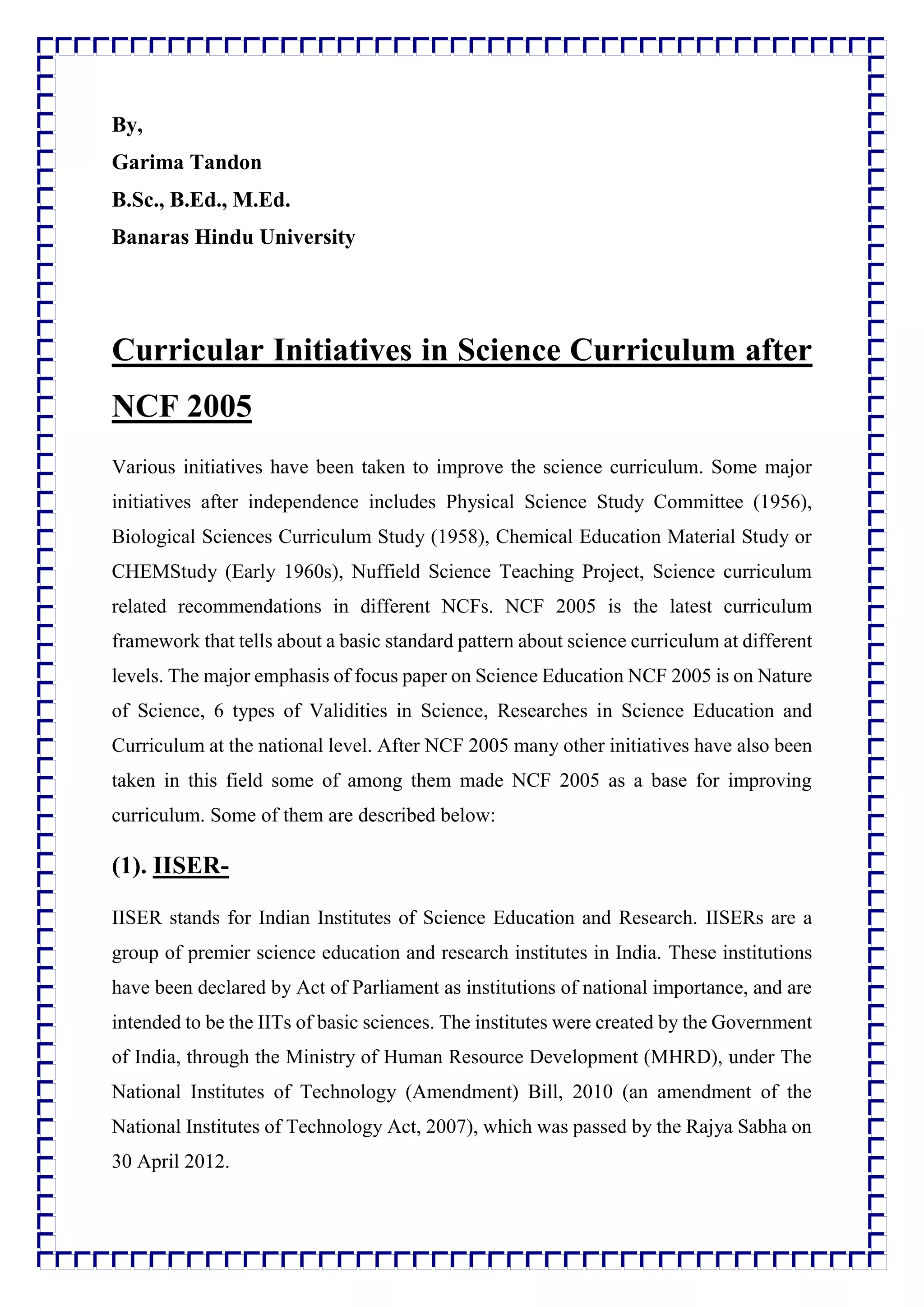 Curricular initiiatives in india after ncf 2005 by by Garima Tandon | PDF