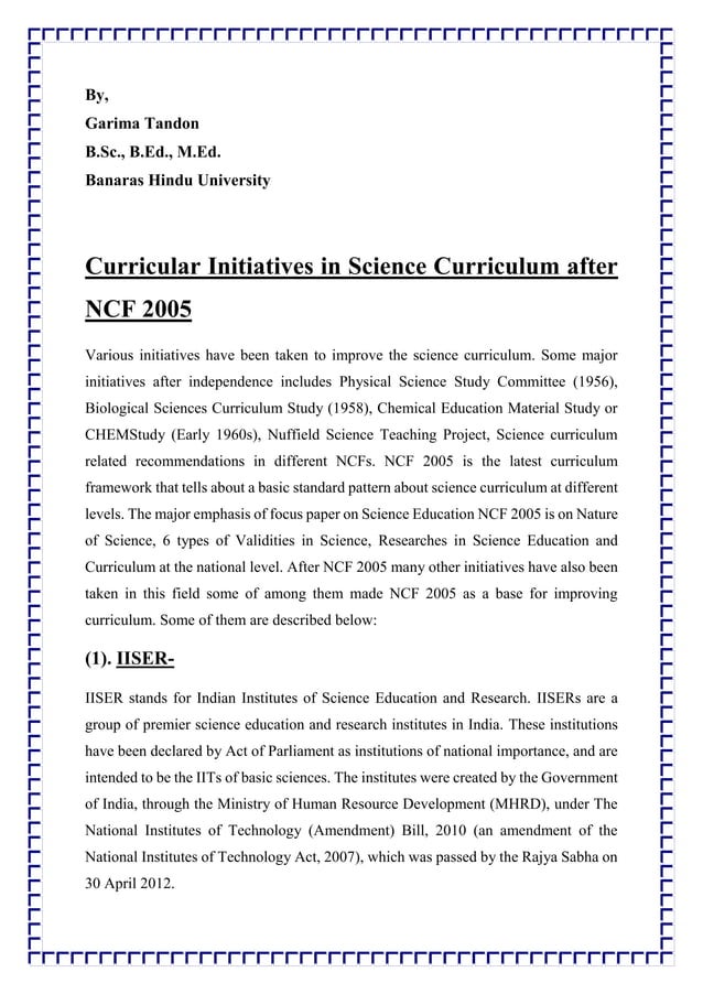 Curricular initiiatives in india after ncf 2005 by by Garima Tandon | PDF