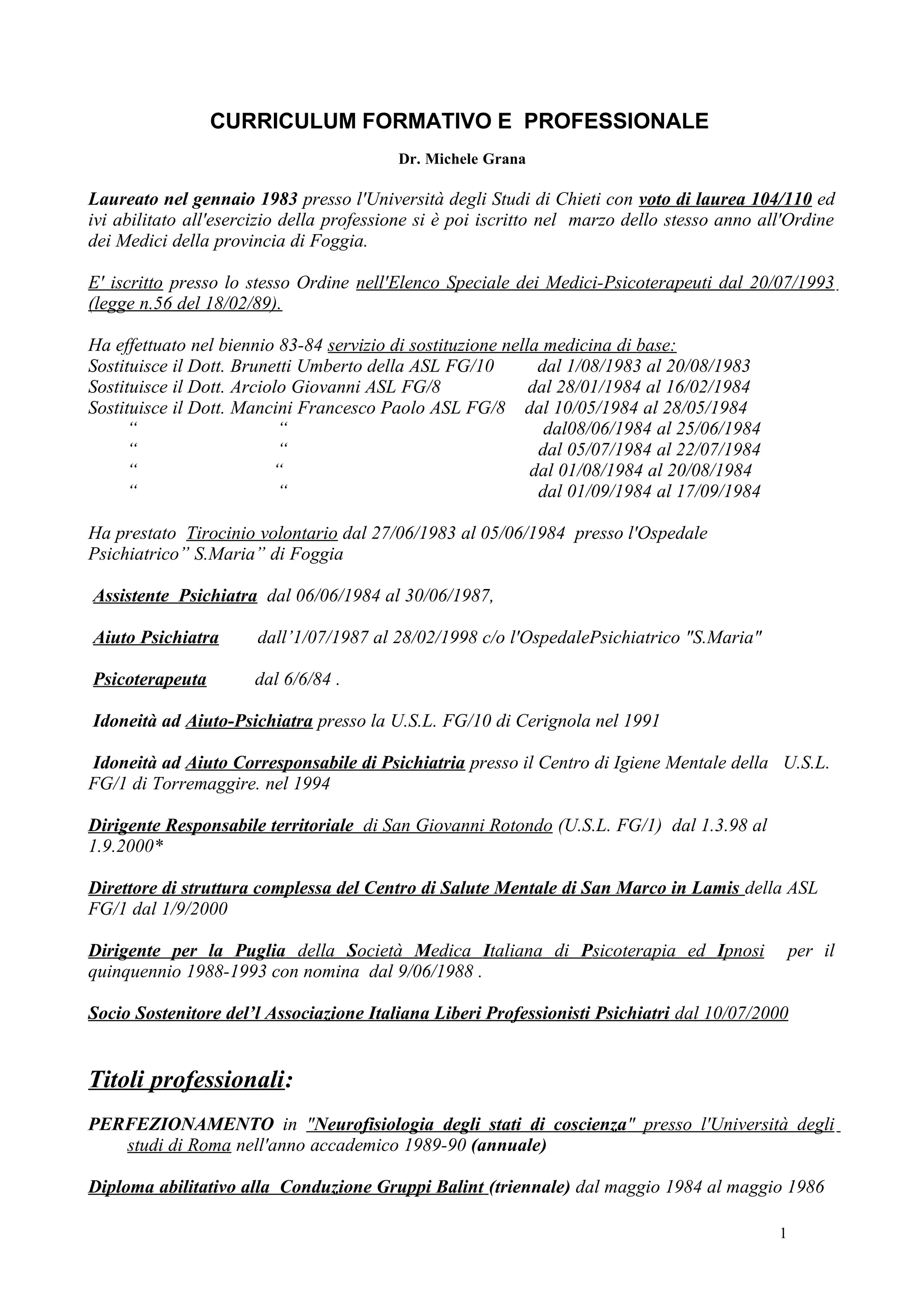 Curriculum Michele Grana | PDF