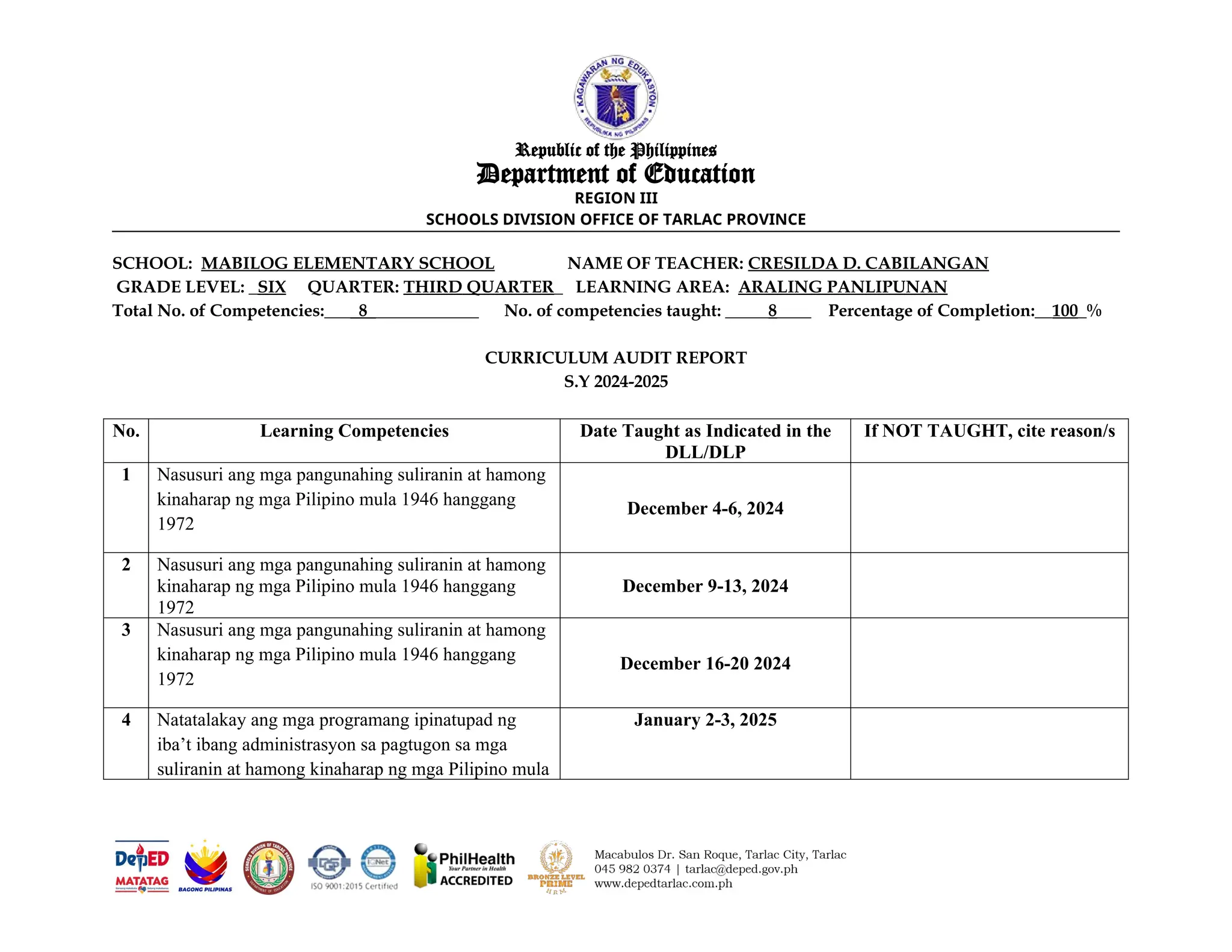 CURRICULUM-AUDIT for araling panlipunan 6 | DOCX