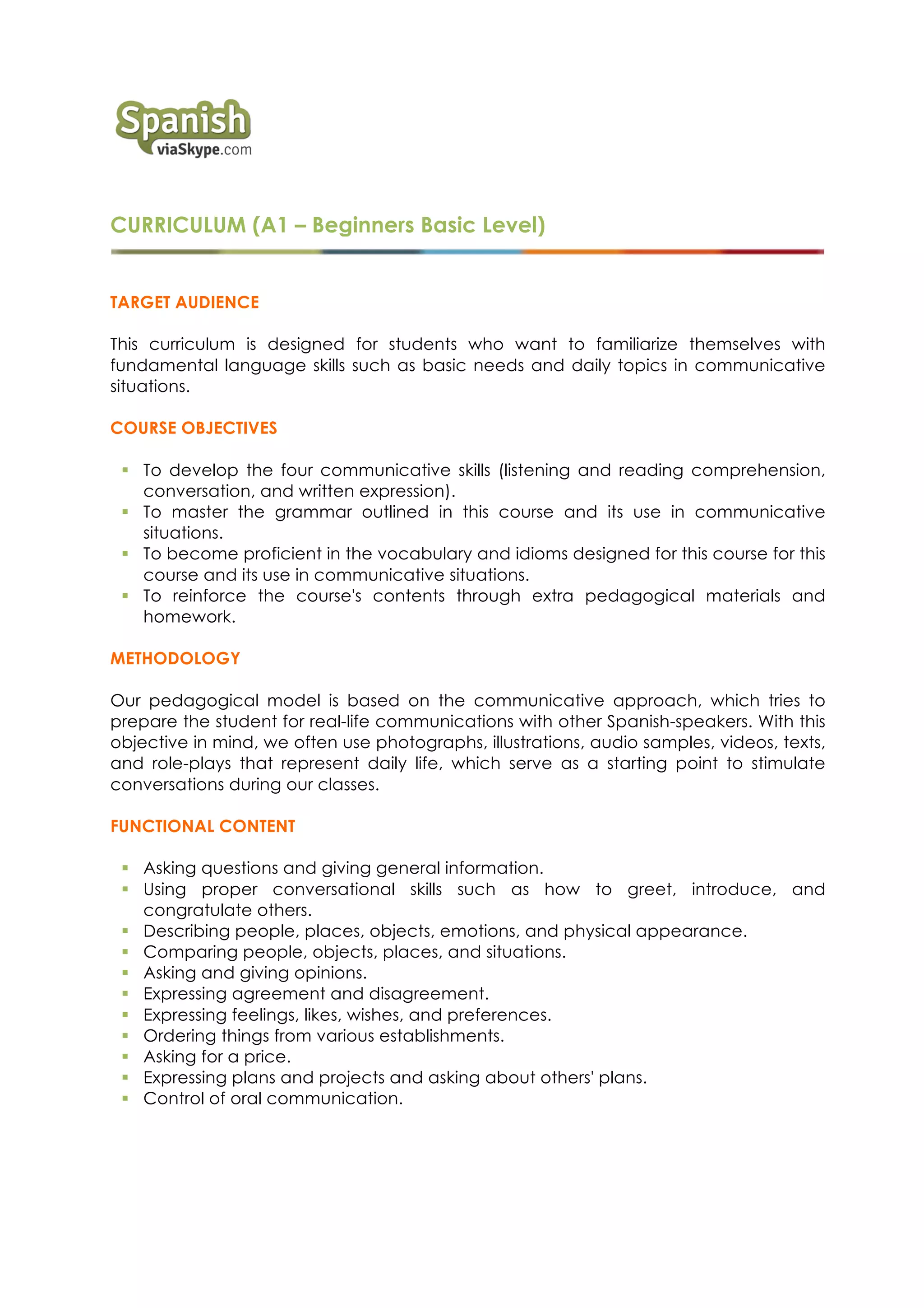 Spanish course_Curriculum for total beginners (A1) | PDF | Education