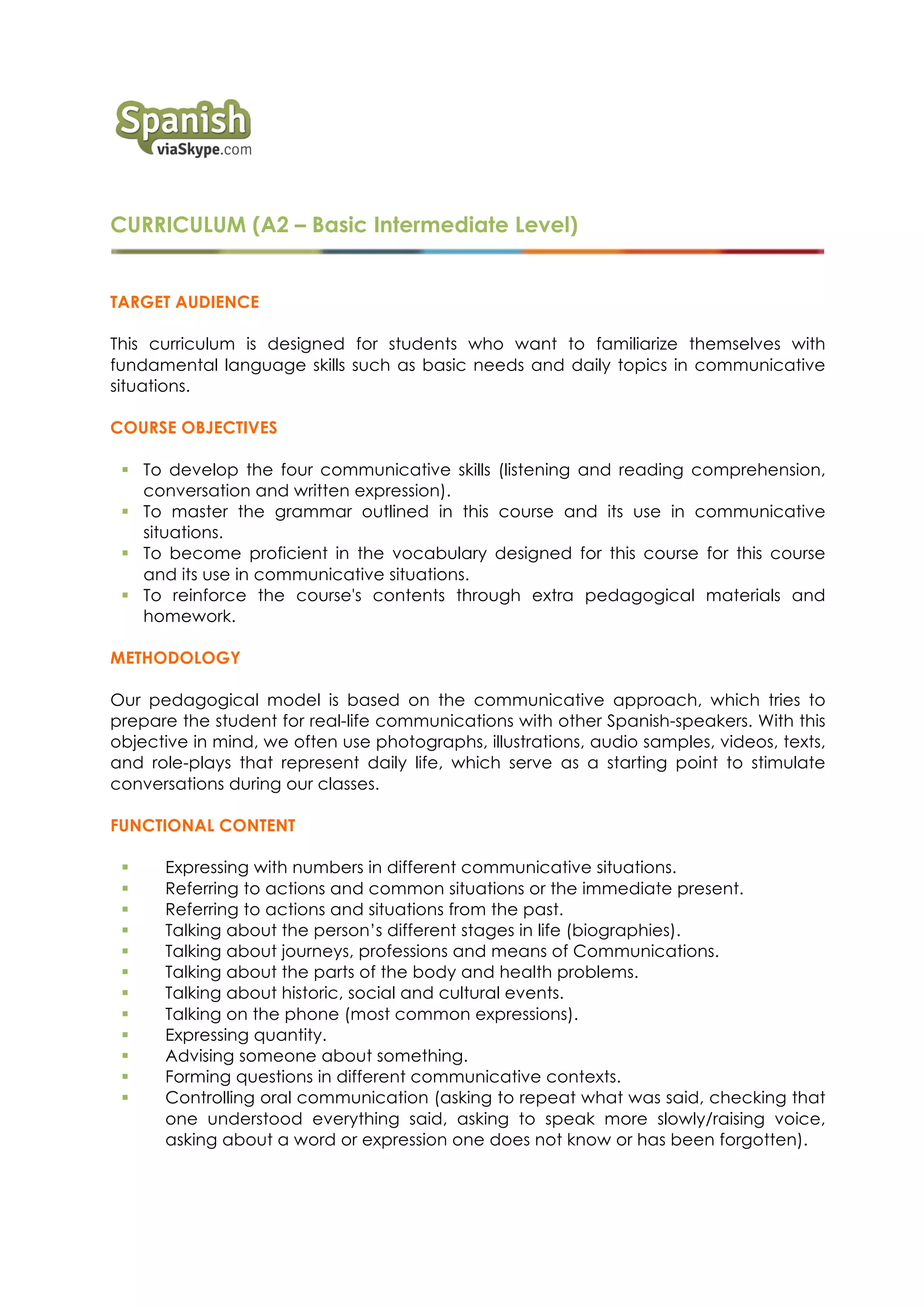 Spanish course_Basic Intermediate Level (A2) | PDF