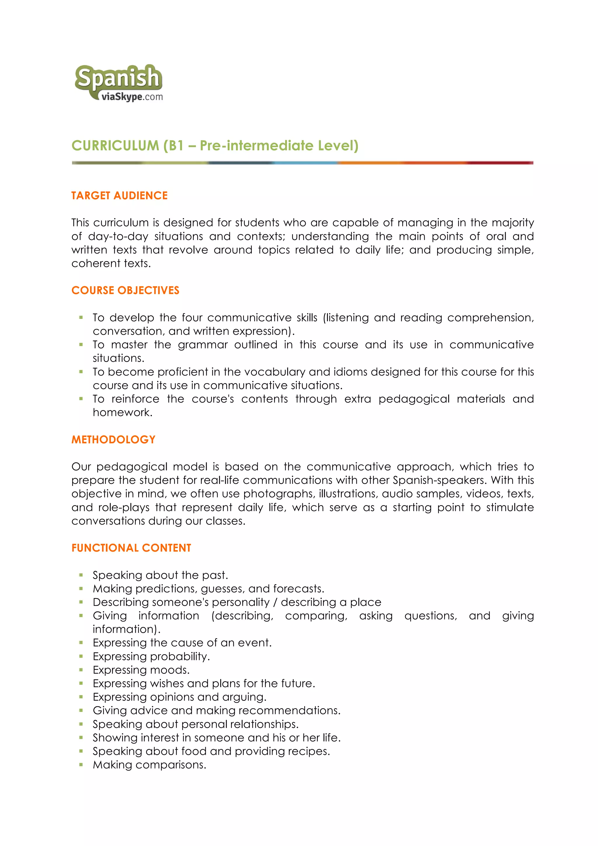 Spanish course_ Pre-intermediate Level (B1) | PDF