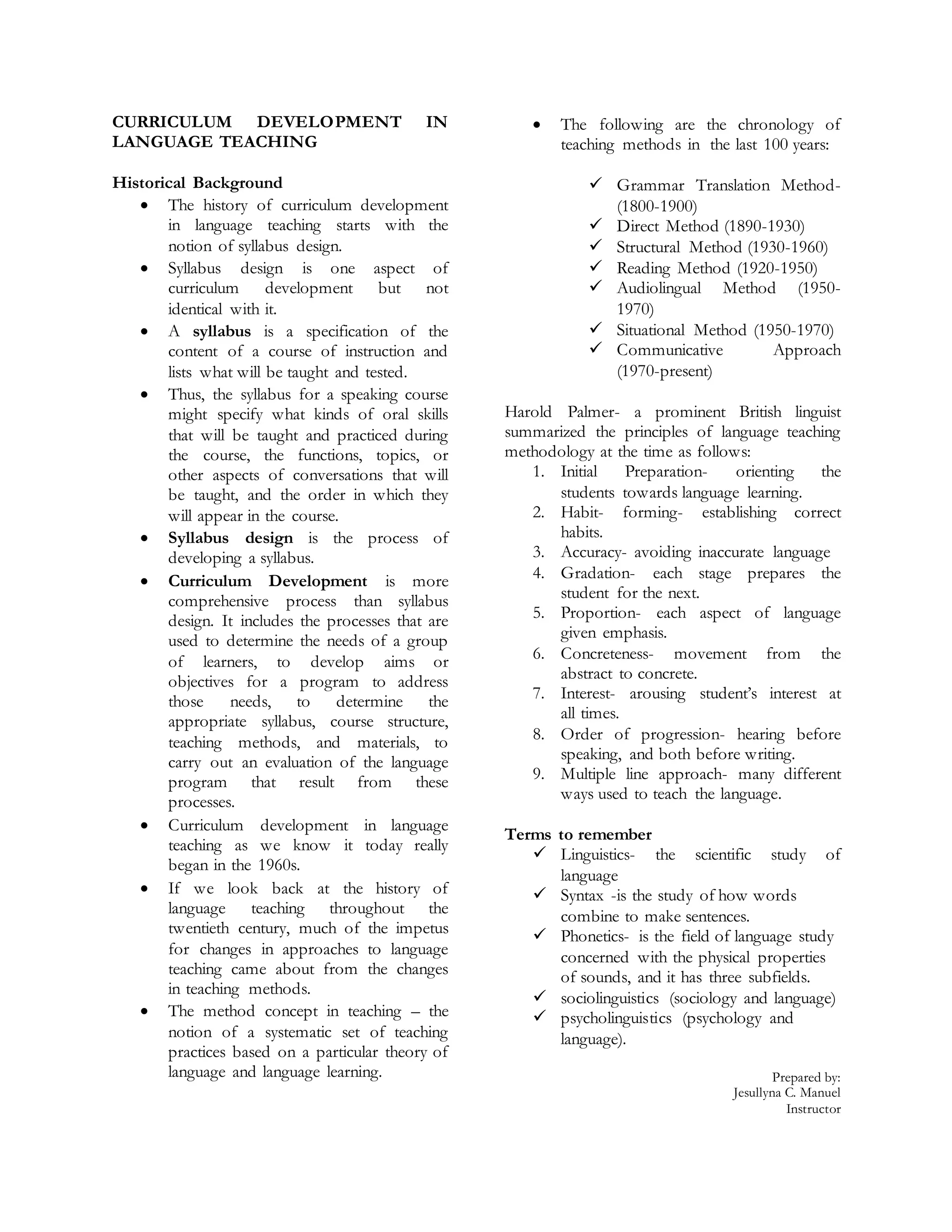 Curriculum development in language teaching handdouts | DOCX