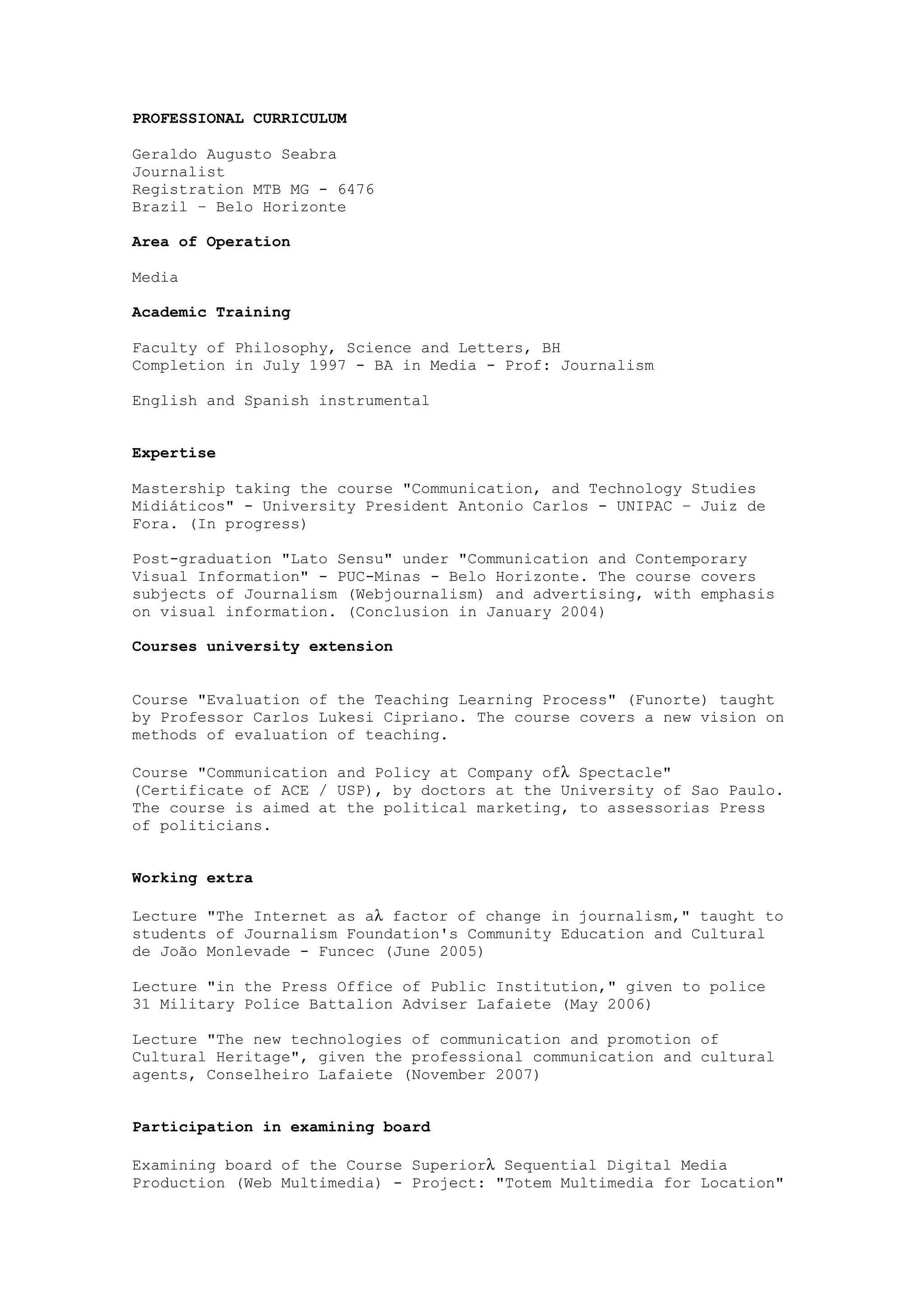 Curriculum professional of Geraldo Seabra | PPT