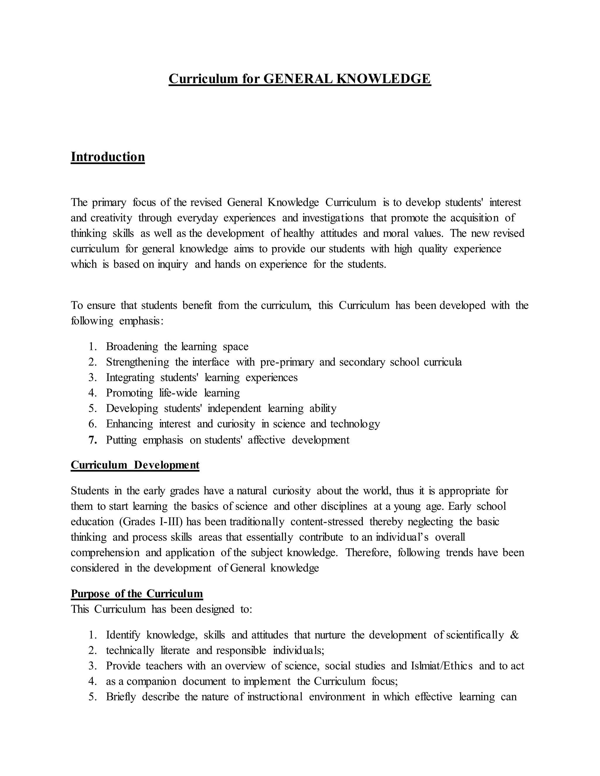 Curriculum for general knowledge | DOCX