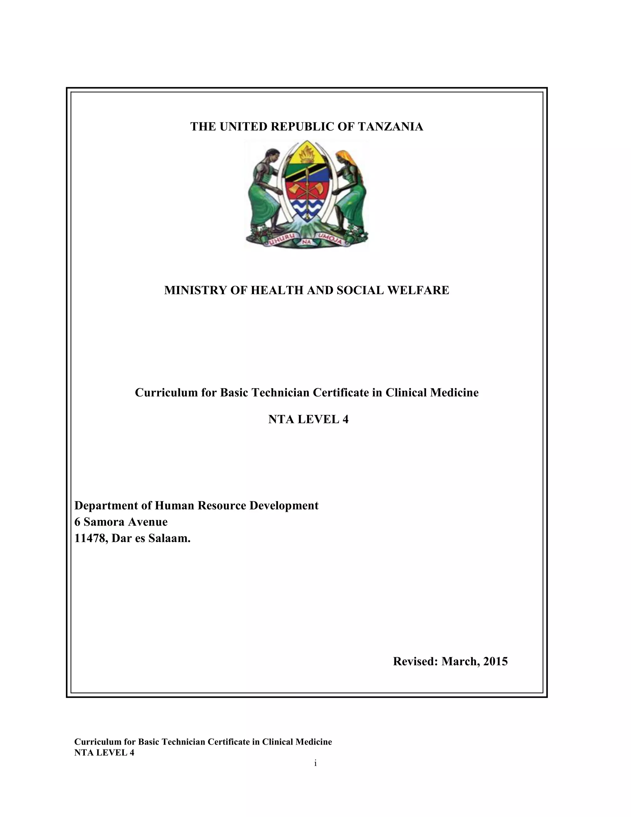 Curriculum for technician certificate in clinical medicine nta level 4 ...