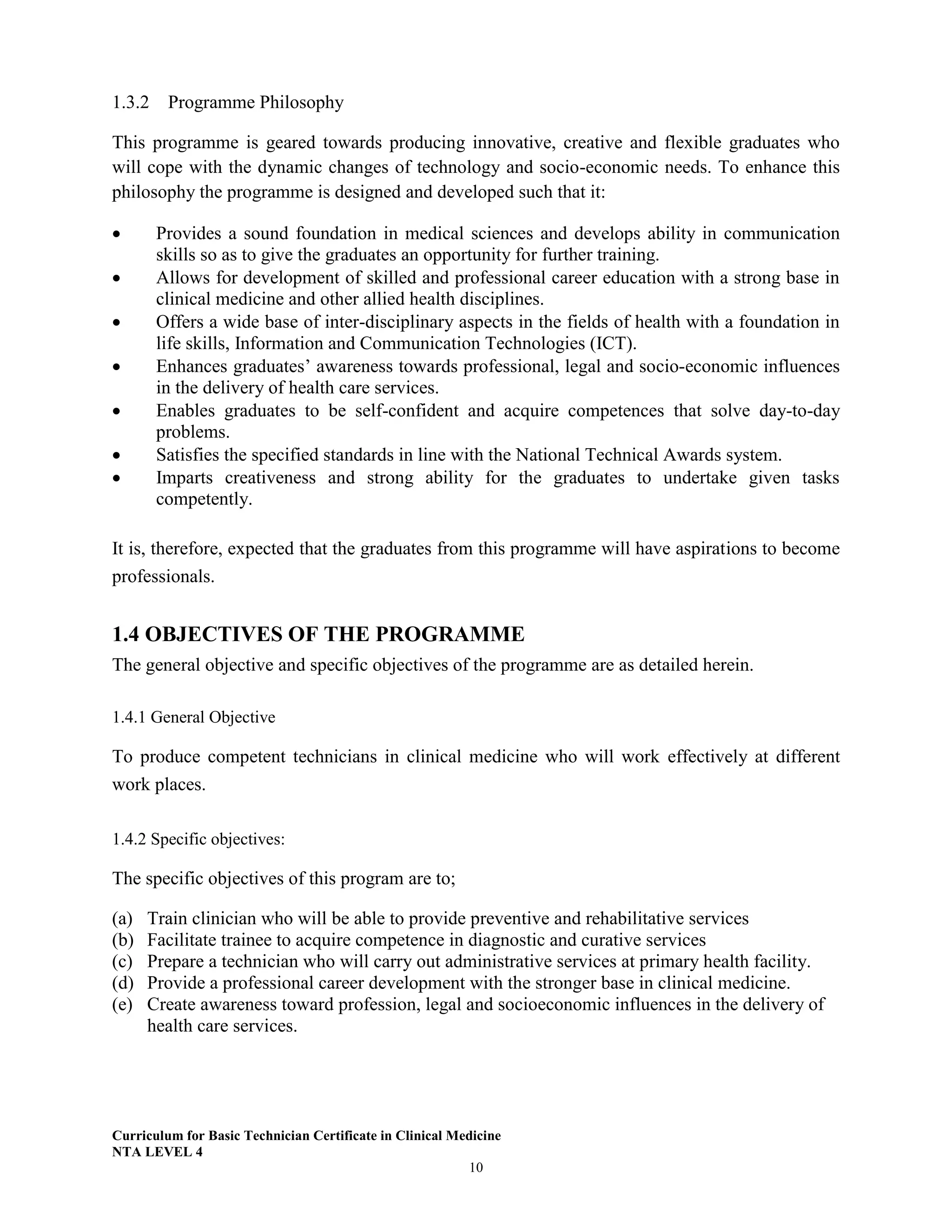 Curriculum for technician certificate in clinical medicine nta level 4 ...