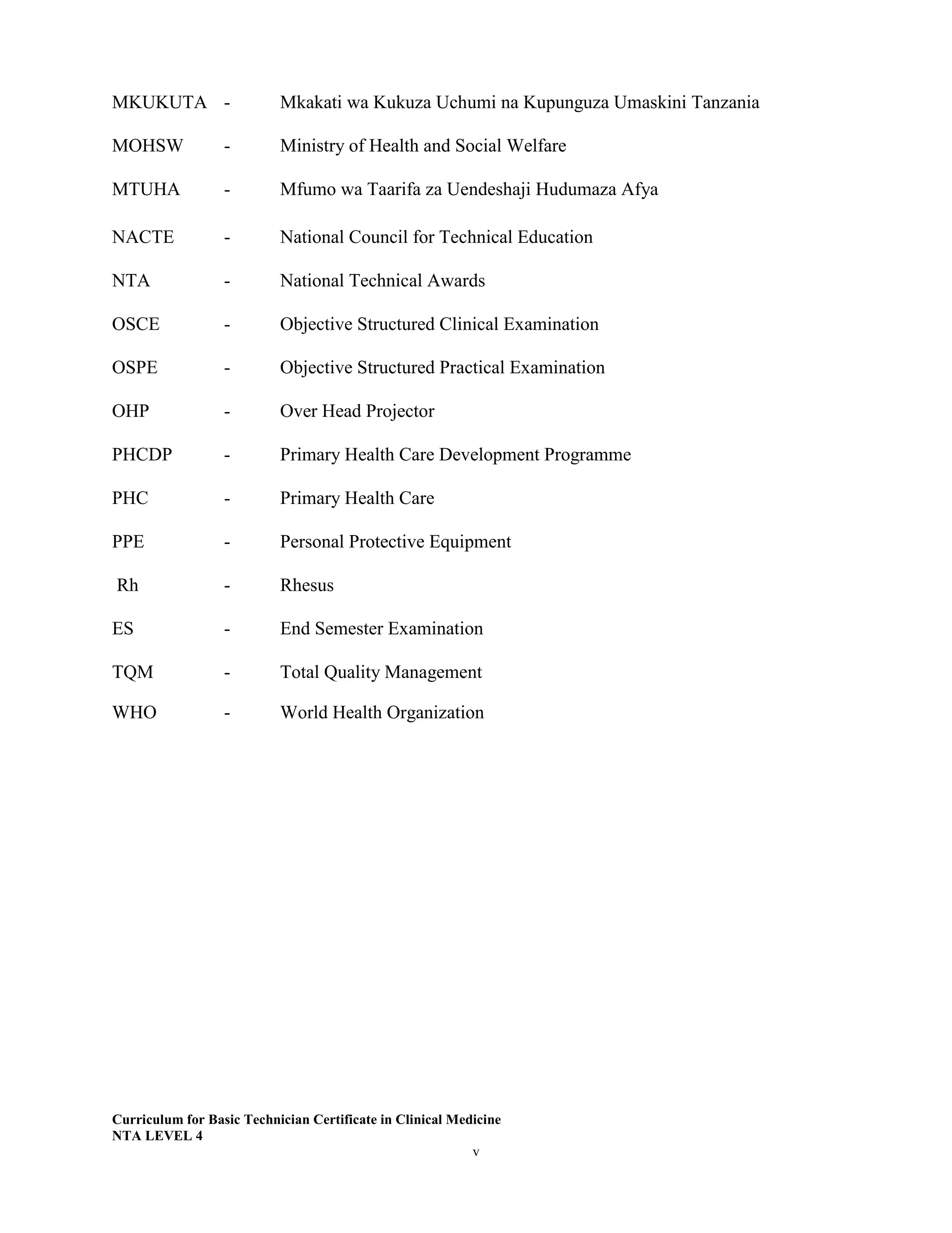 Curriculum for technician certificate in clinical medicine nta level 4 ...