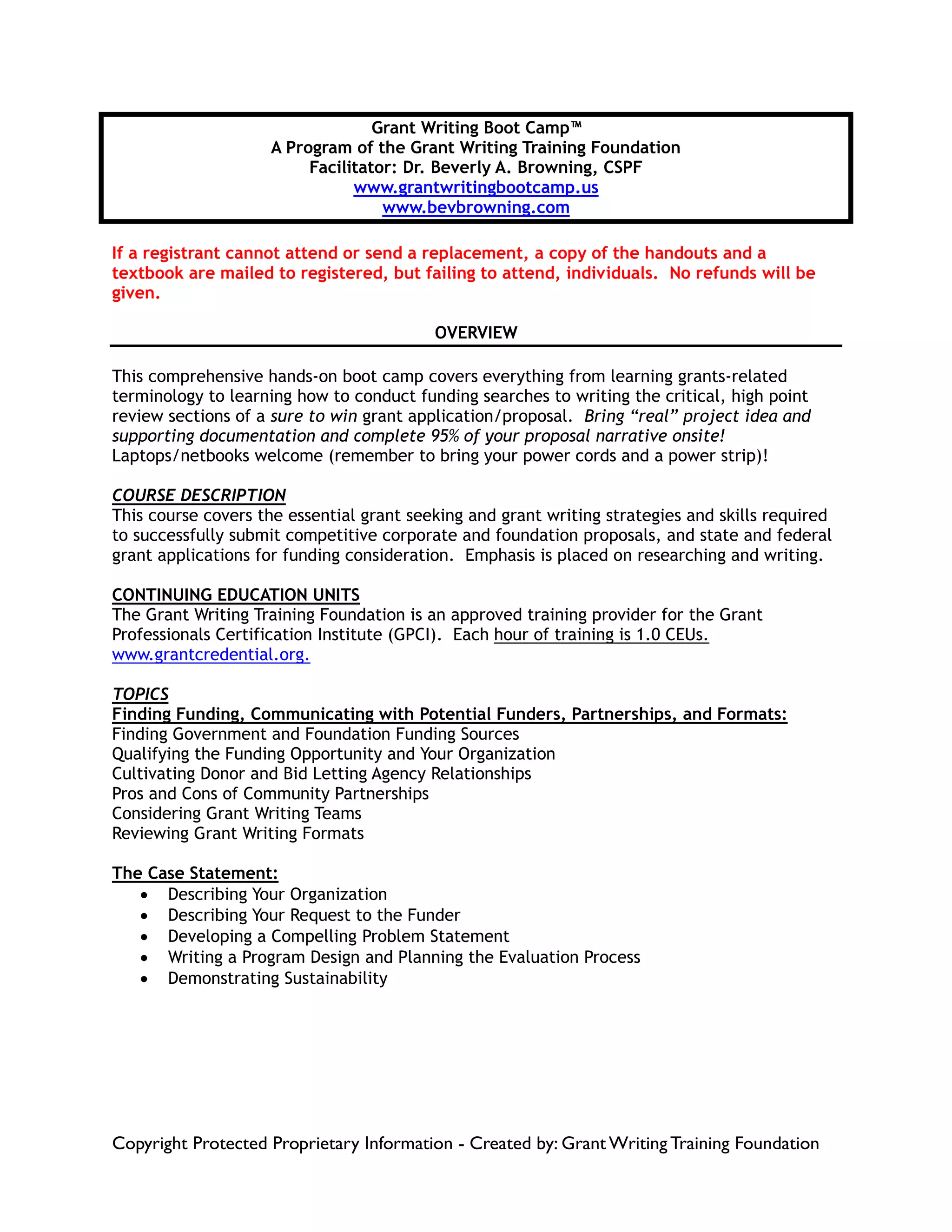 Curriculum Guide For Grant Writing Boot Camp | PDF