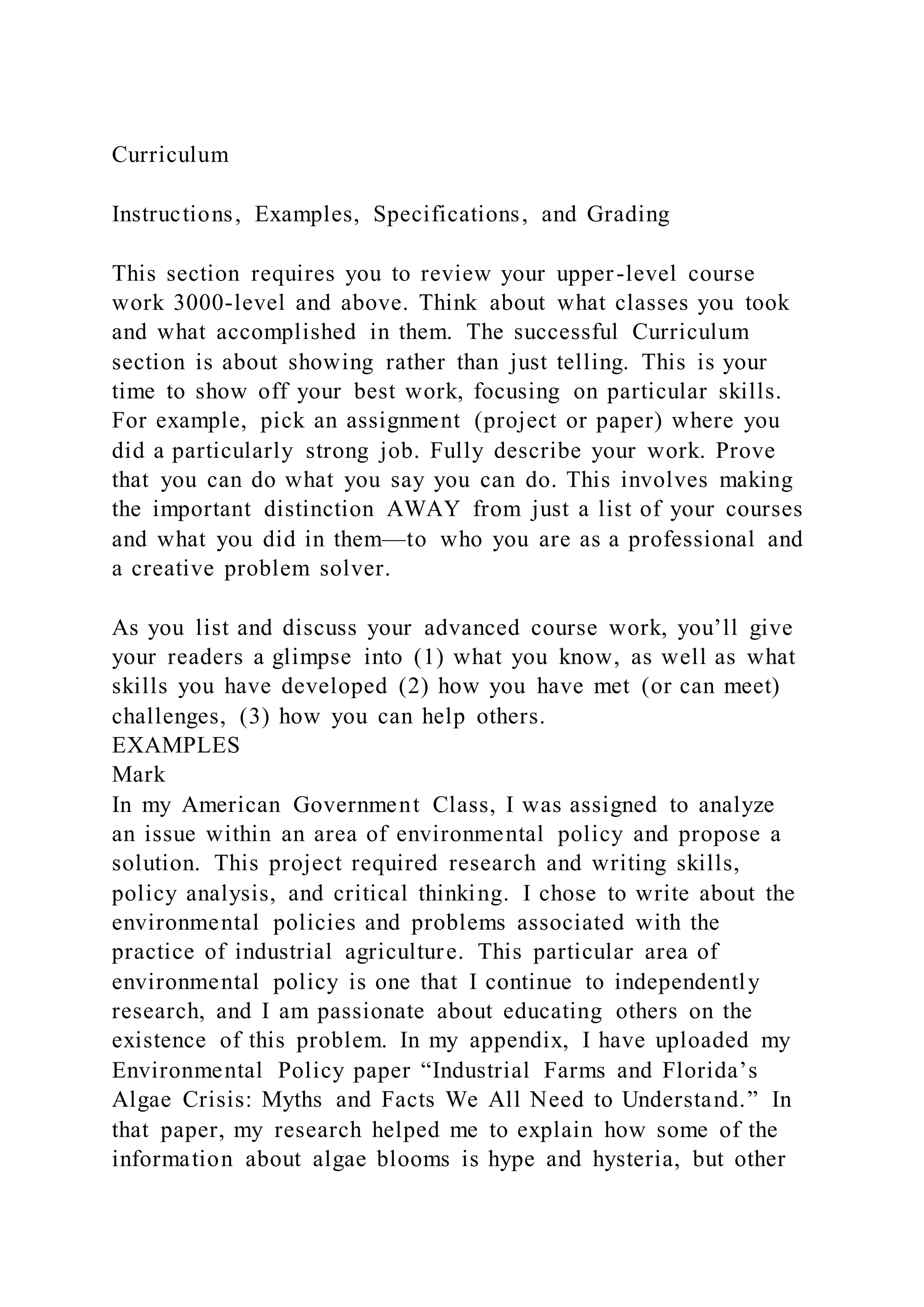 CurriculumInstructions, Examples, Specifications, and Grading | DOCX