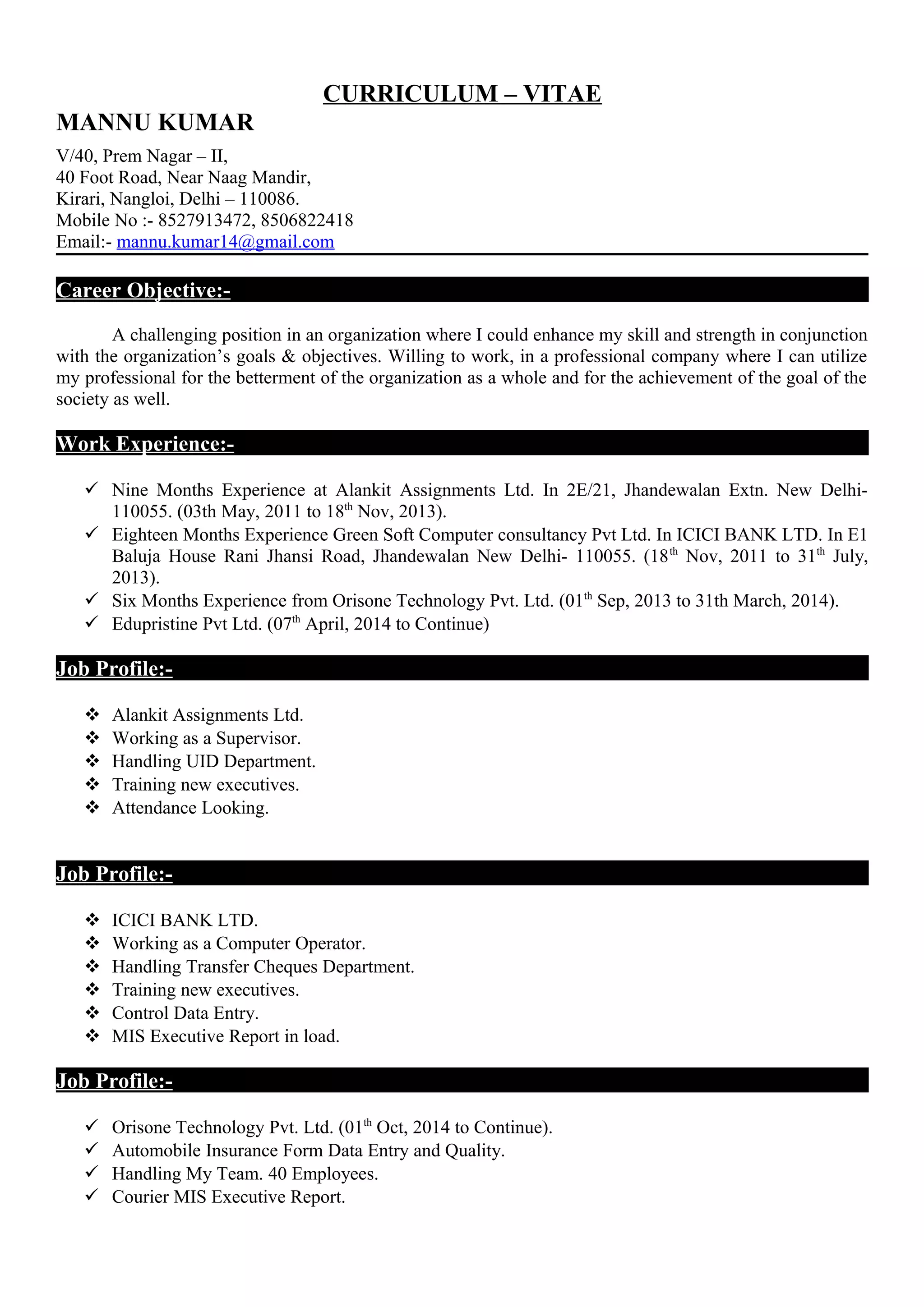 Curriculum mannu kumar | PDF