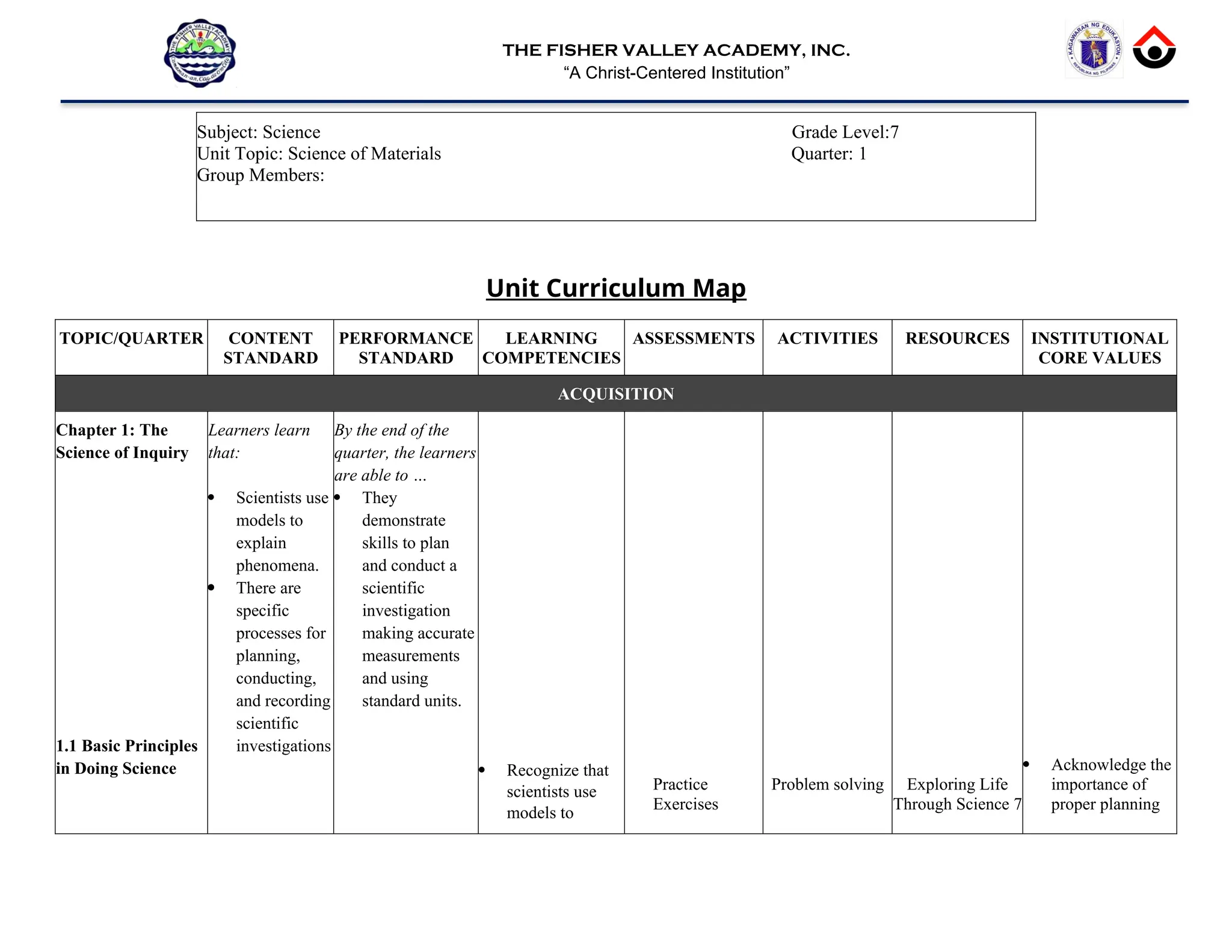 Curriculum Map - Science 7(First Quarter).docx | Chemistry | Science