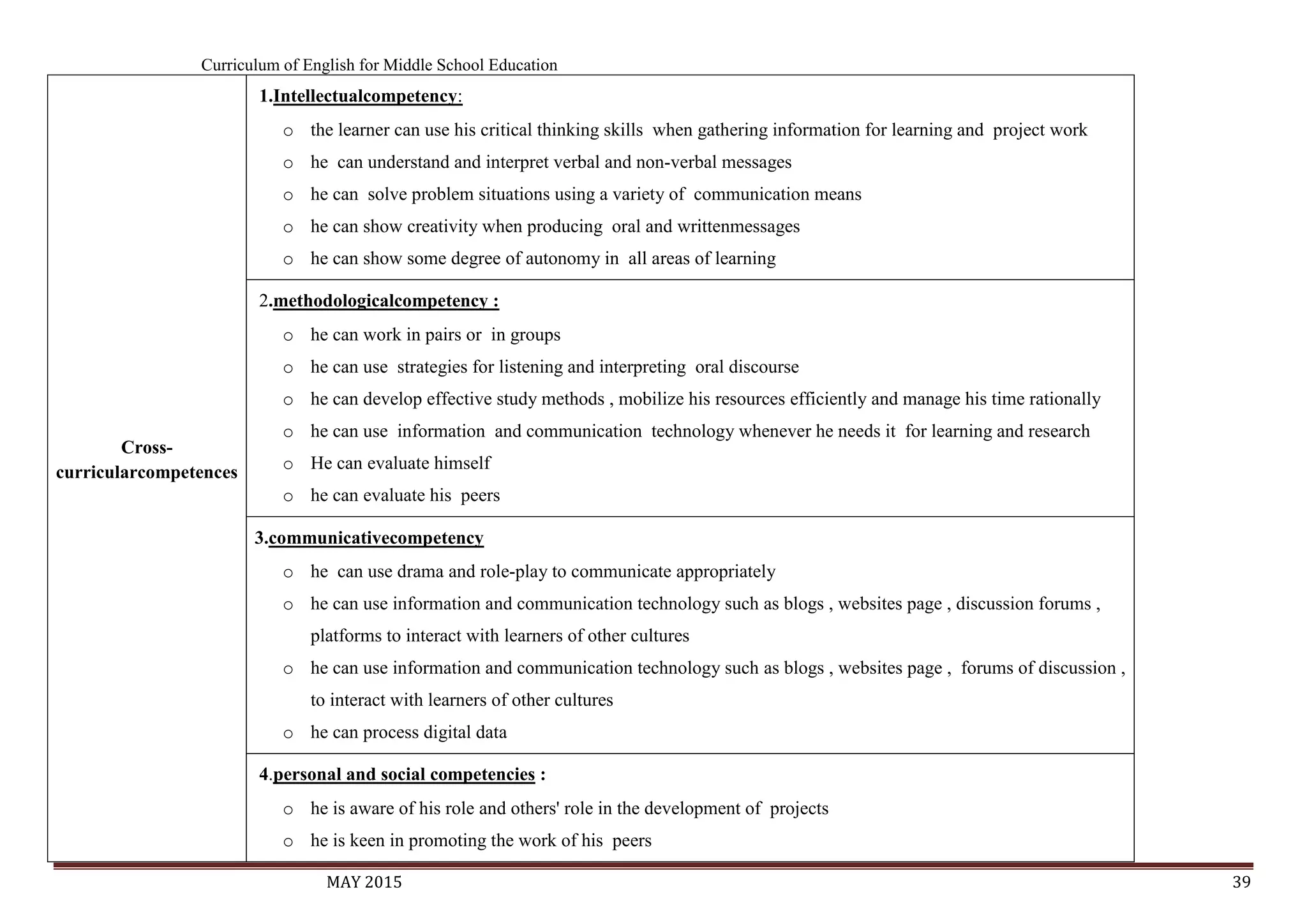 Curriculum of English for Middle School Education | PDF
