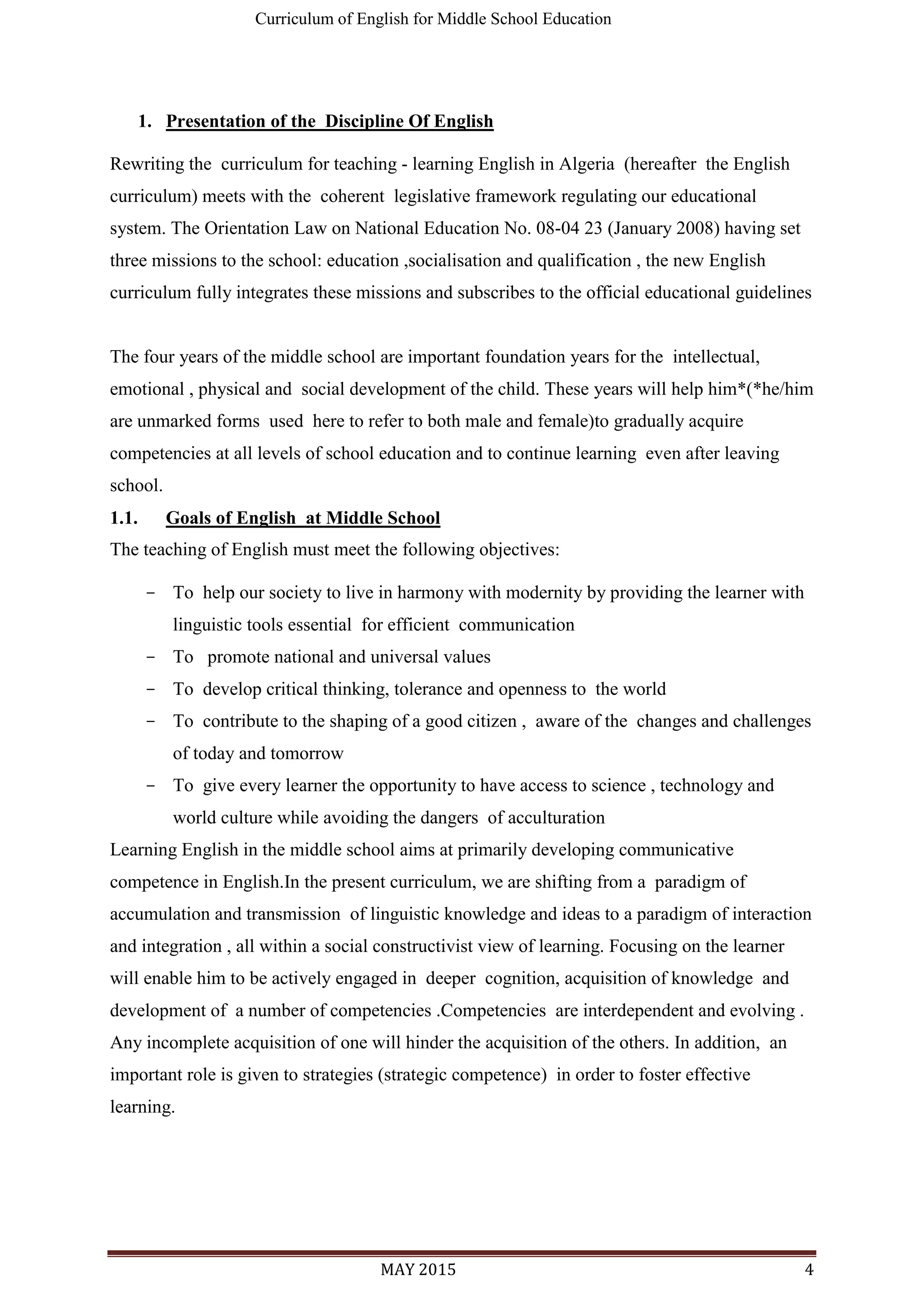 Curriculum of English for Middle School Education | PDF