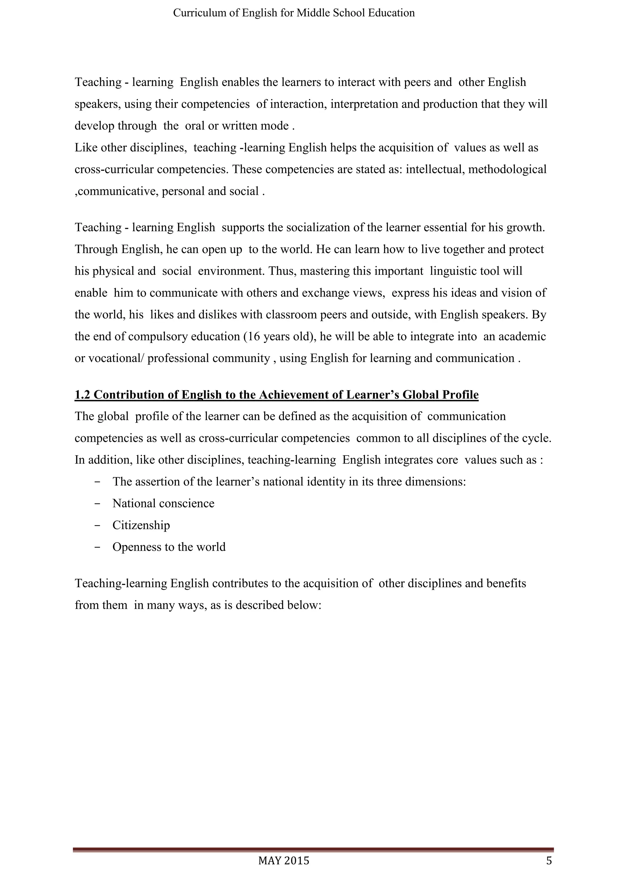 Curriculum of English for Middle School Education | PDF