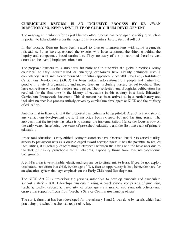 Curriculum reform 2017 by dr jwan director kicd | PDF