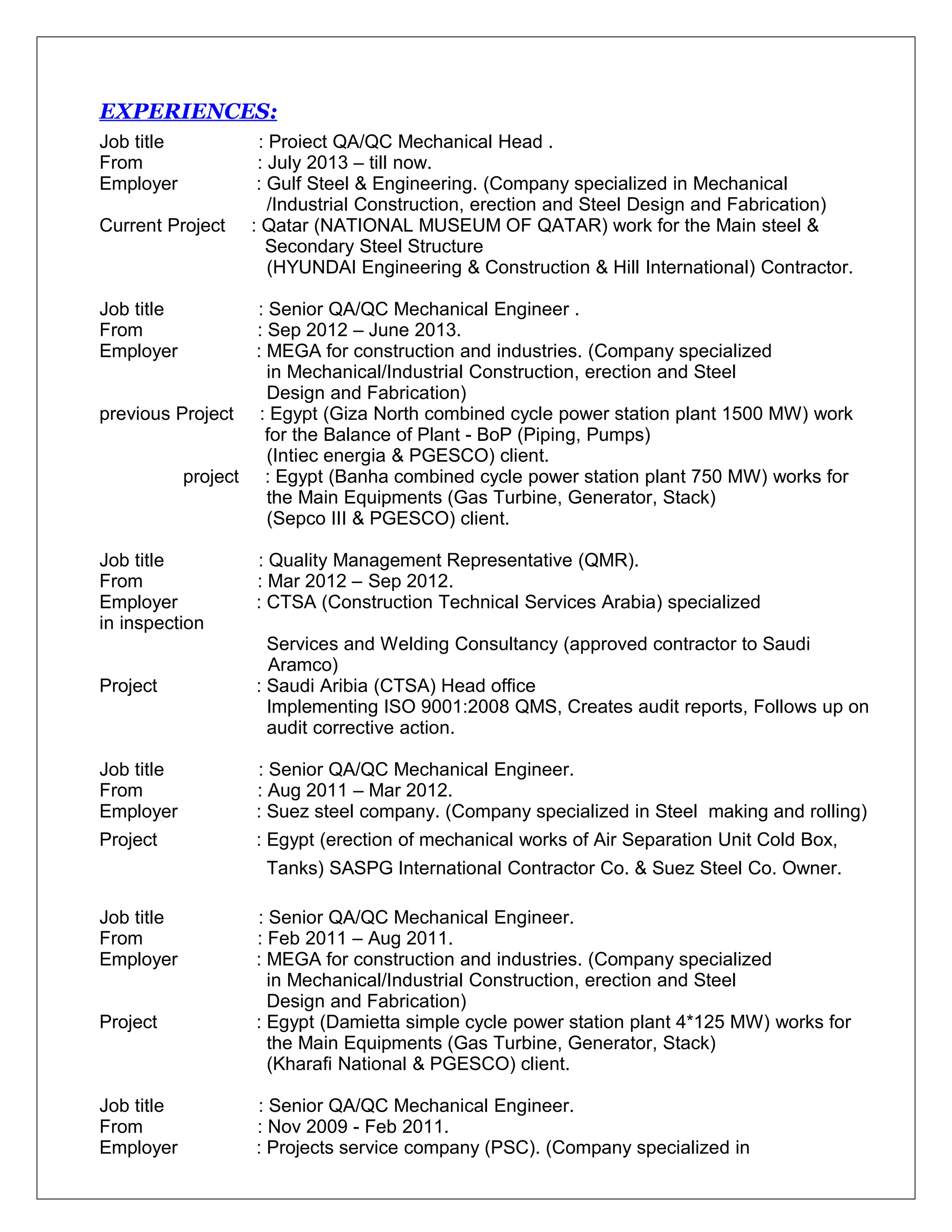 Sr. QA/QC Mechanical Engineer | PDF | Free download