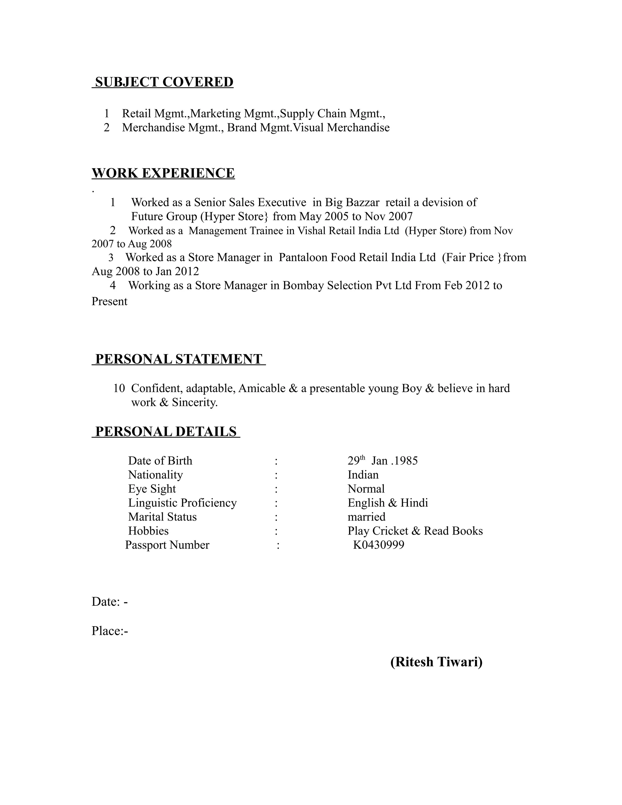 Curriculum vitae | RTF | Retail Industry | Industries