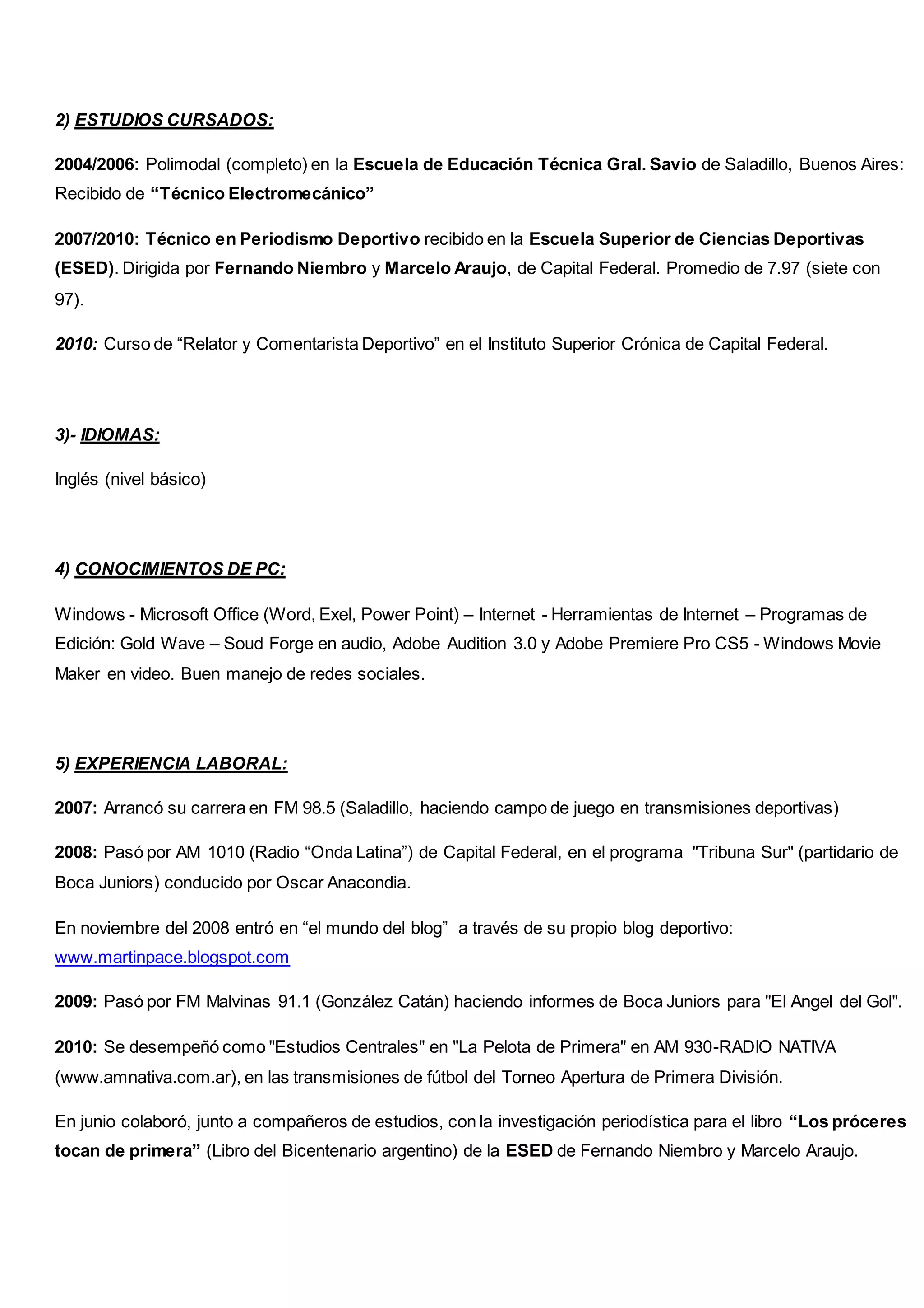 CURRICULUM VITAE - MARTÍN PACE - PERIODISTA DEPORTIVO | PDF
