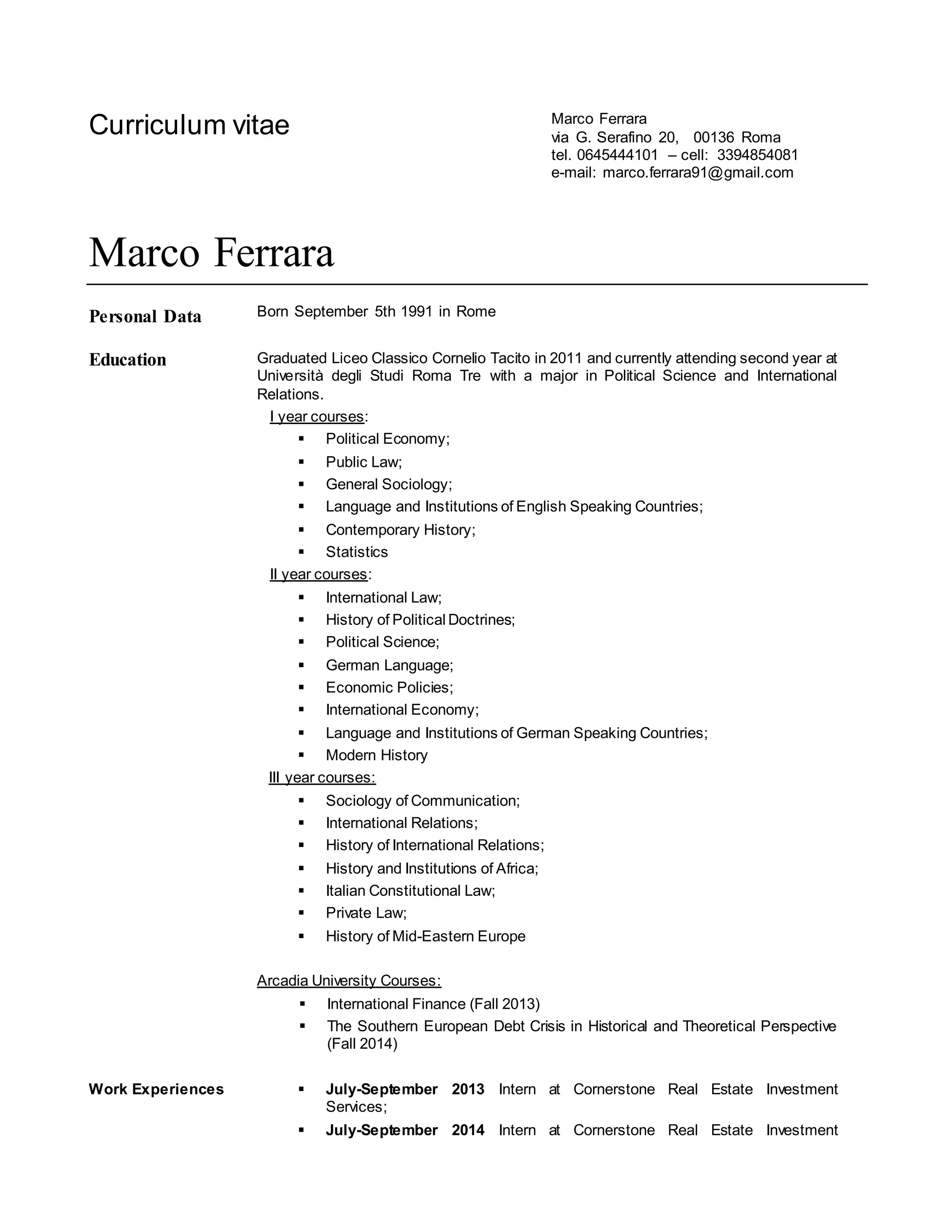 Curriculum Vitae Marco Ferrara | PDF