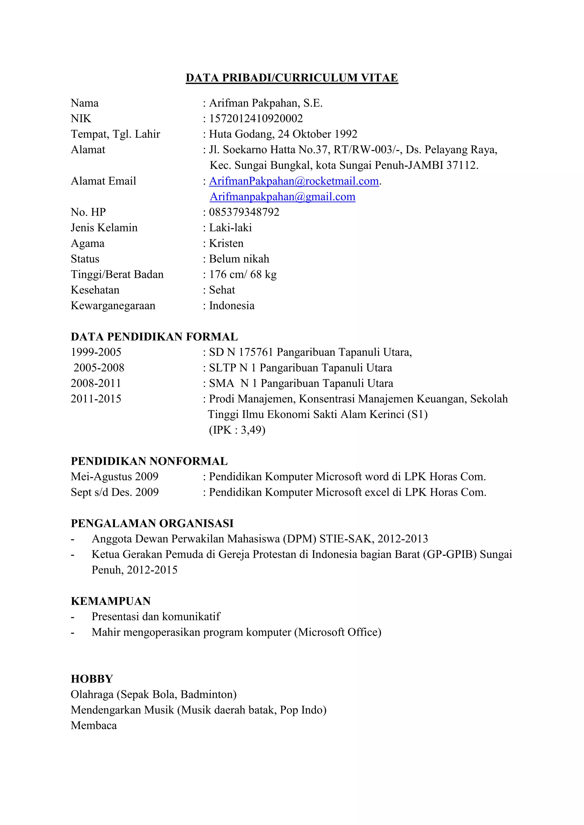 Curriculum vitae atau Data pribadi | PDF