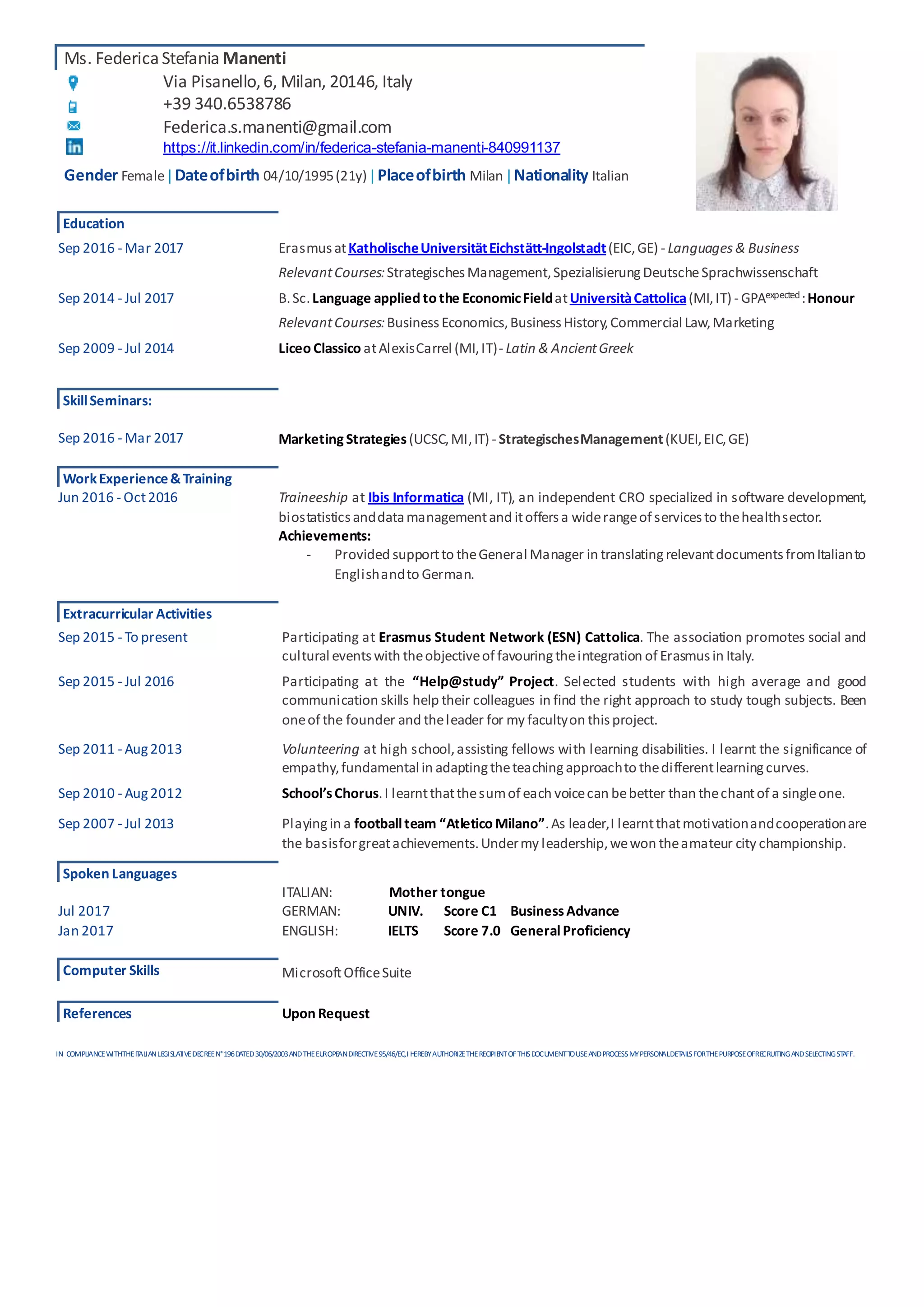 Curriculum vitae federica manenti | DOCX