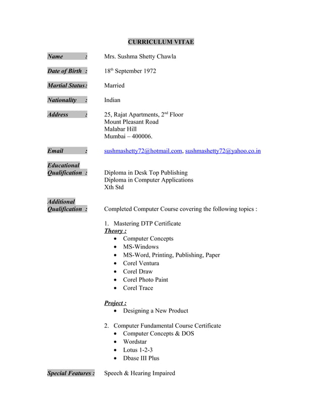 Curriculum vitae sushma shetty chawla | PDF