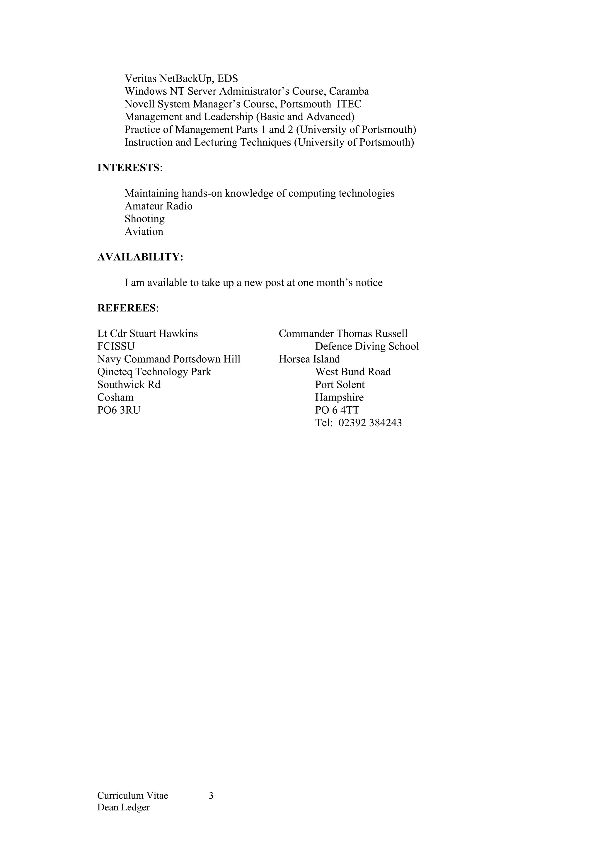Curriculum Vitae 2011 Mr Dean Ledger | DOC
