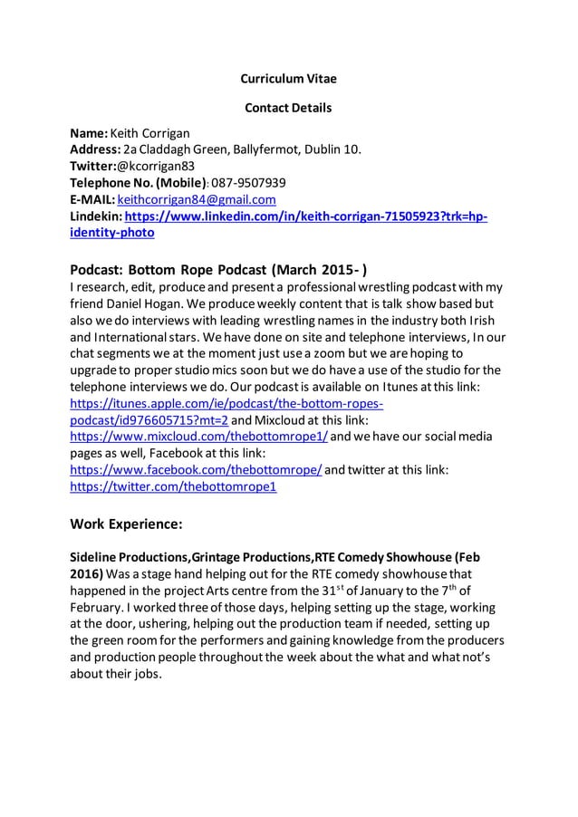 Curriculum Vitae Keith Corrigan | DOCX | Public Radio | Talk Radio