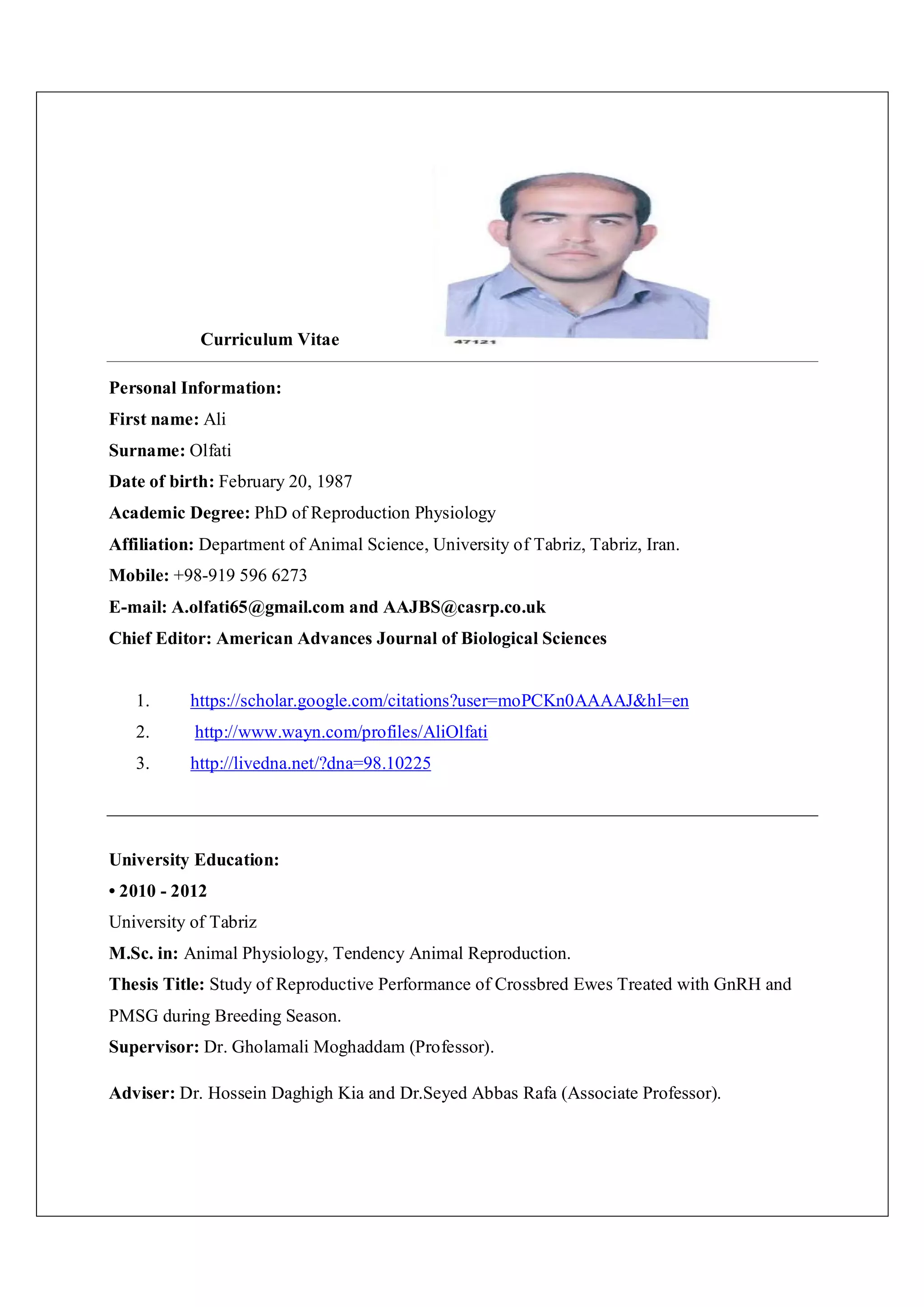 Curriculum Vitae Ali Olfati | PDF